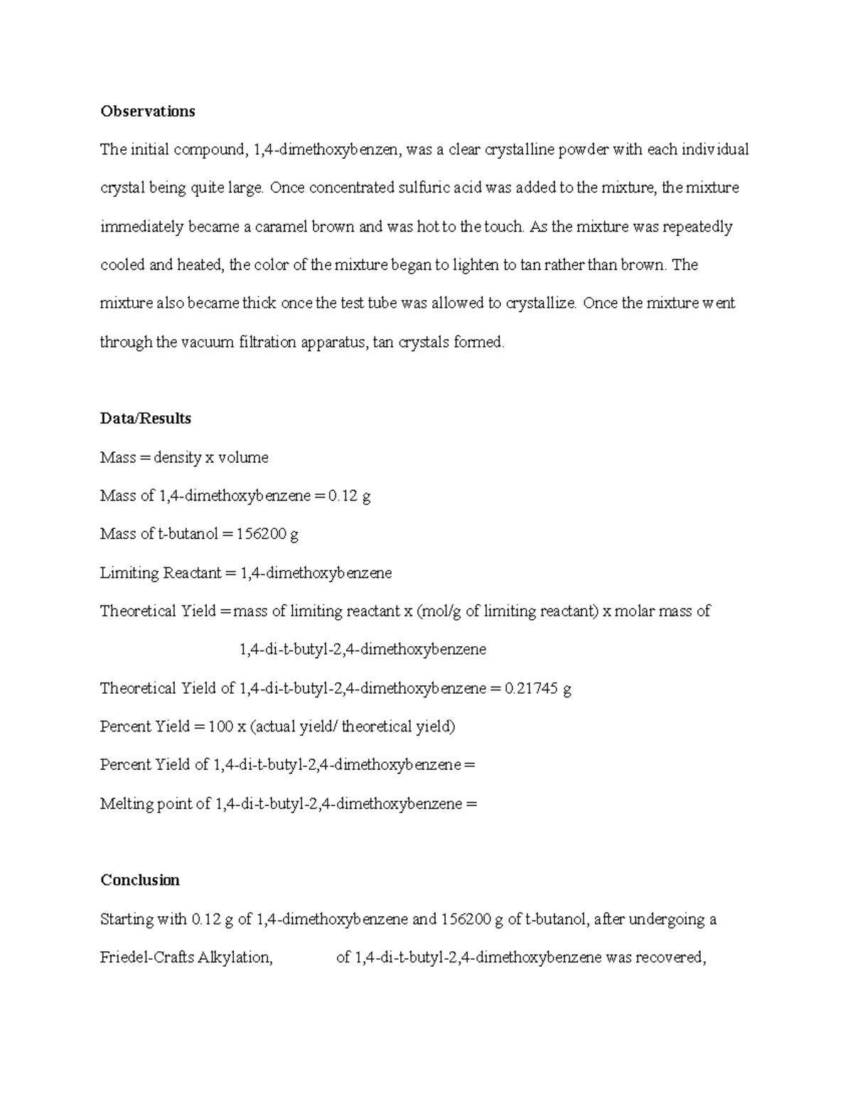 Experiment 3 Post Lab Eas Friedel Crafts Alkylation Observations The Initial Compound
