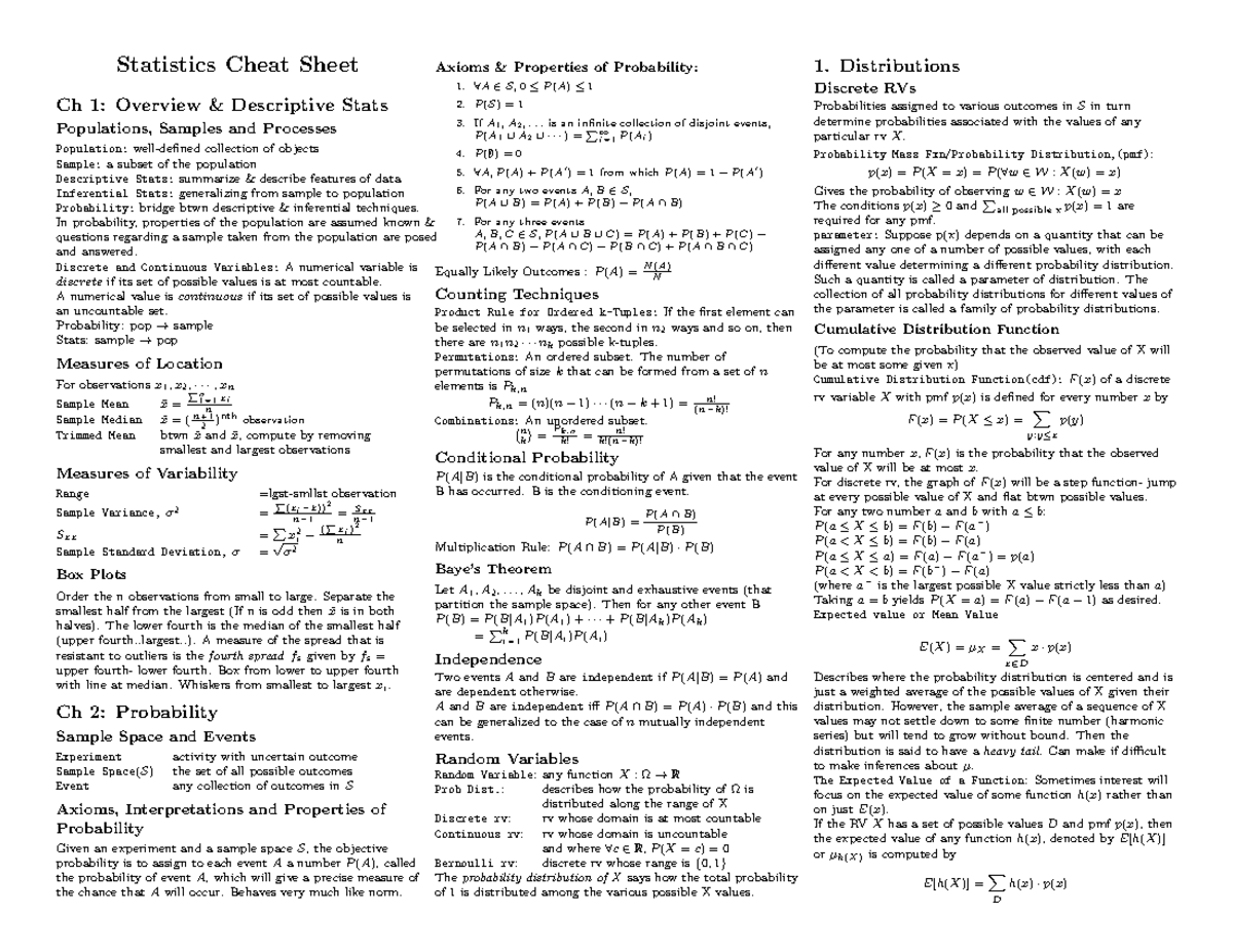 Statisticssheet - Statistics Cheat Sheet Ch 1: Overview & Descriptive ...