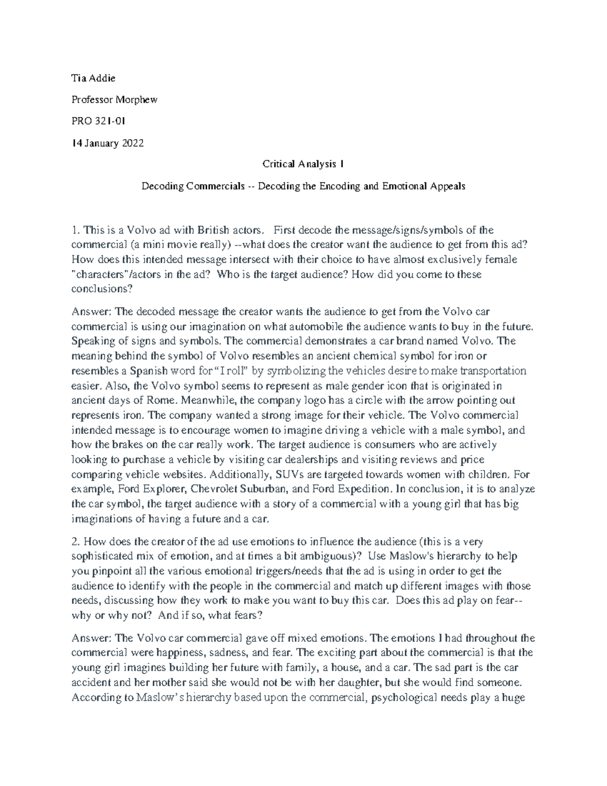 PRO 321-01 Critical Analysis 1 - Copy - Tia Addie Professor Morphew PRO ...