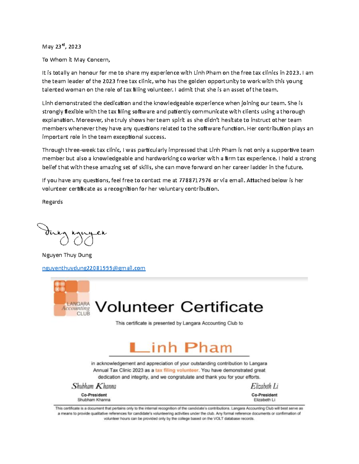 Voluntary Team leader reference letter Linh Pham - BUSM 3000 - Langara ...