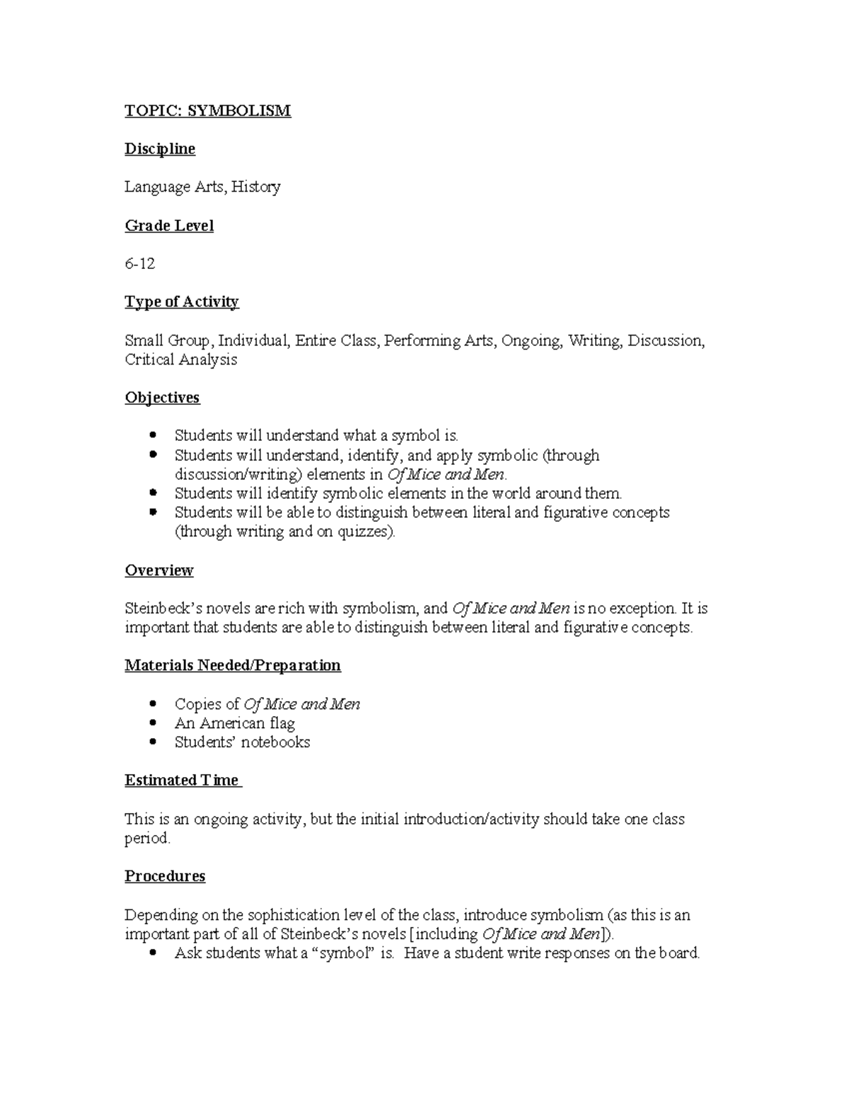 1-11 Symbolism - Summary Biology Ii - TOPIC: SYMBOLISM Discipline ...