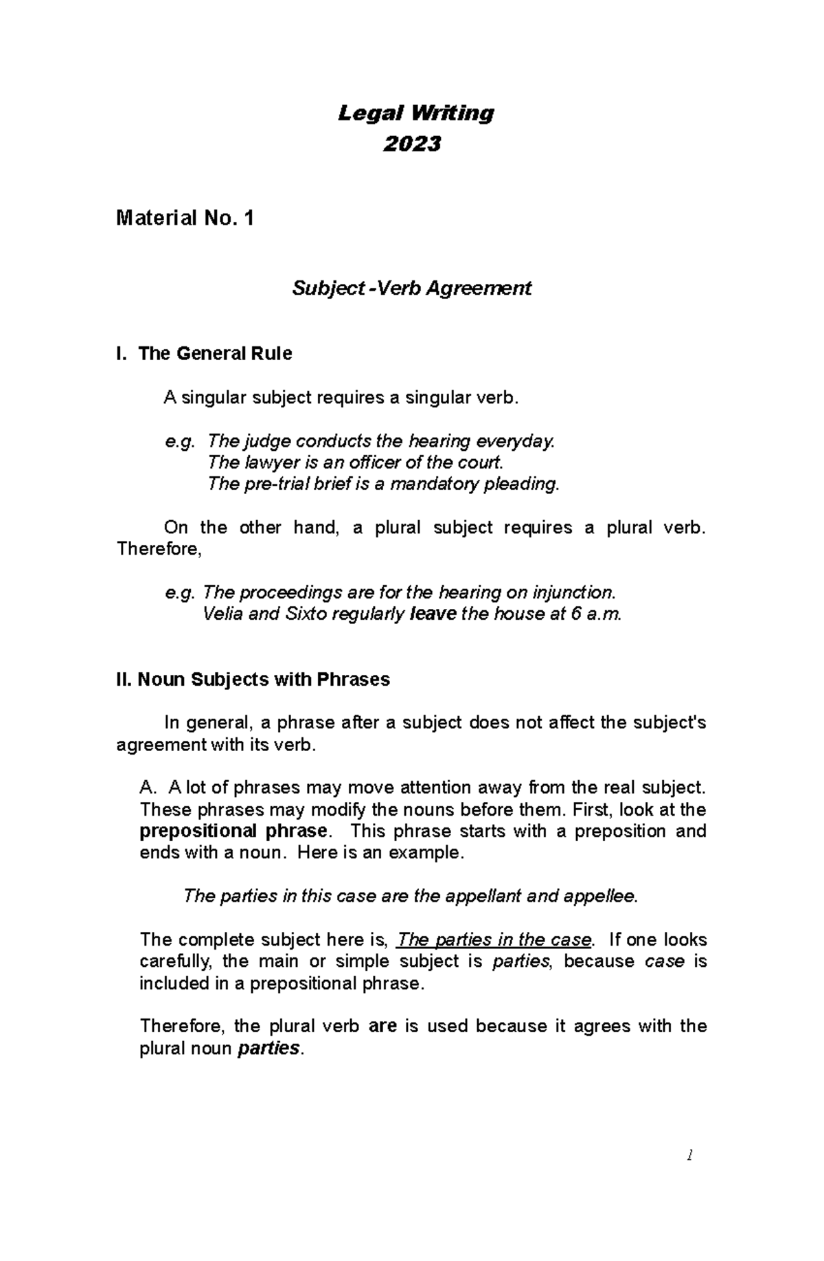 Subject-Verb-Agreement - Legal Writing 2023 Material No. 1 Subject ...