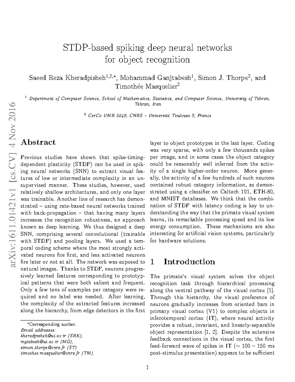 Spiking Neural Nets Stdp Based Spiking Deep Neural Networks For Object Recognition Saeed Reza
