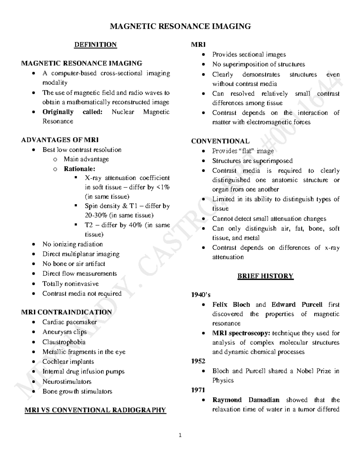 MRI Notes - DEFINITION MAGNETIC RESONANCE IMAGING A computer-based ...