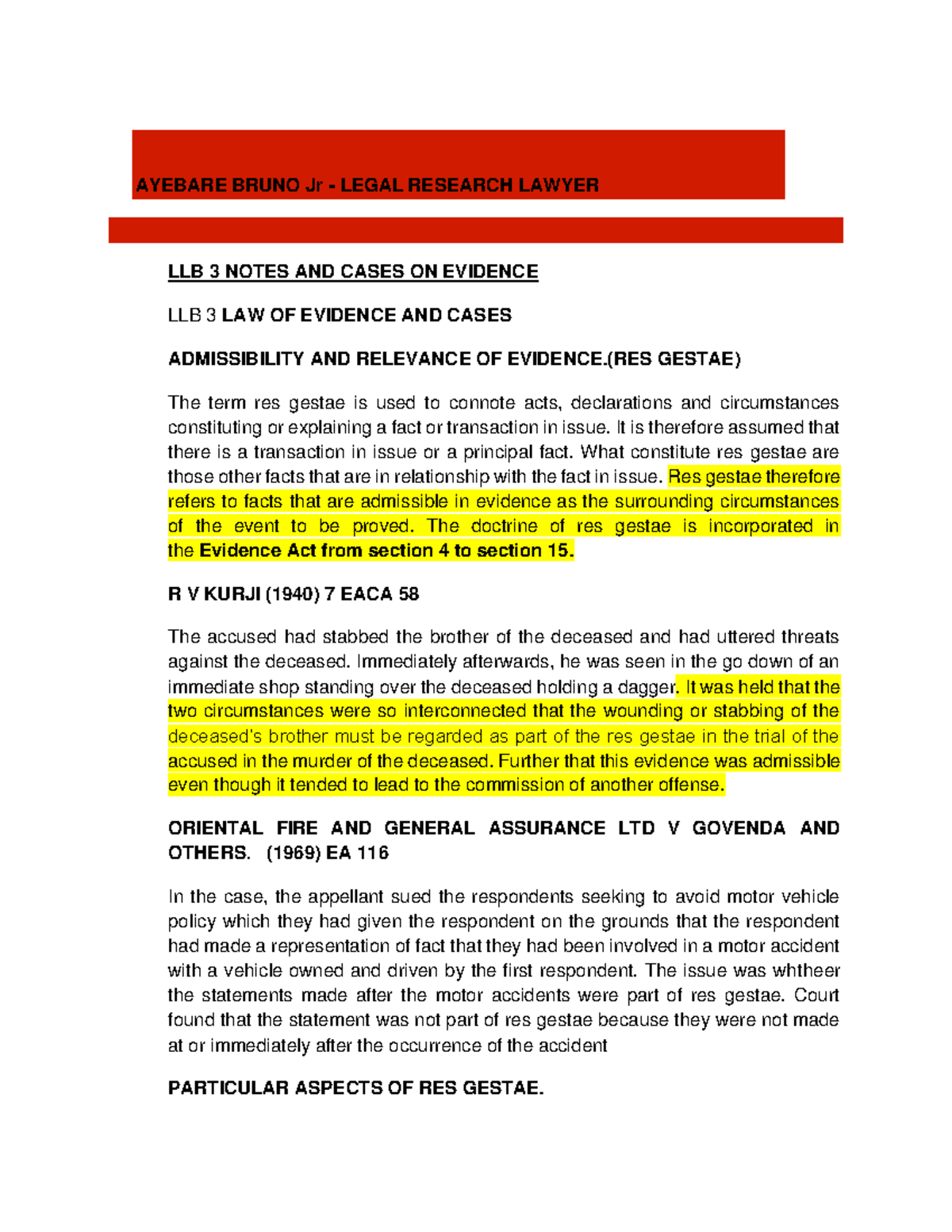LLB 3 LAW OF Evidence AND Cases - AYEBARE BRUNO Jr - LEGAL RESEARCH ...
