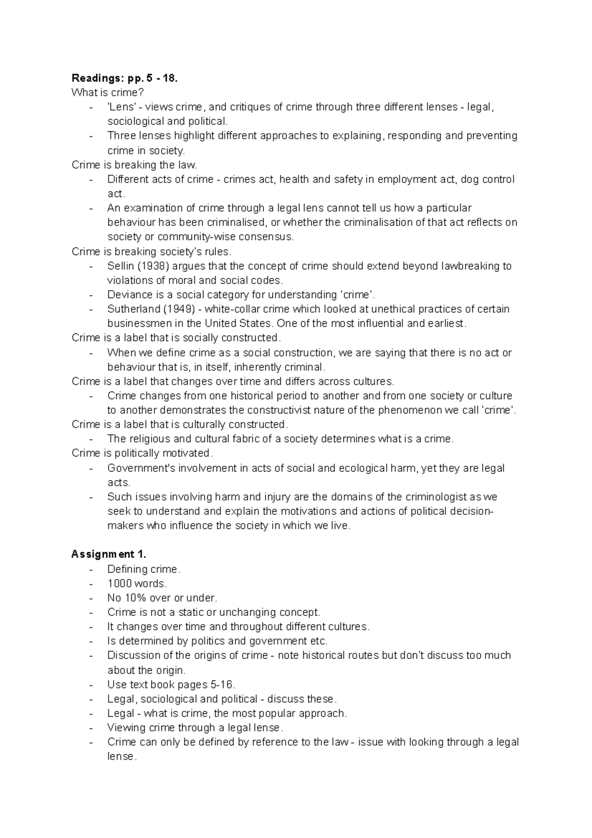 Criminology - Notes from all lectures and readings. - Readings: pp. 5 ...