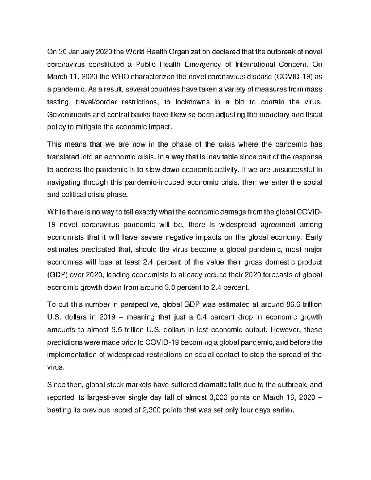 461530607 Reflection Paper During covid 19 - On 30 January 2020 the ...