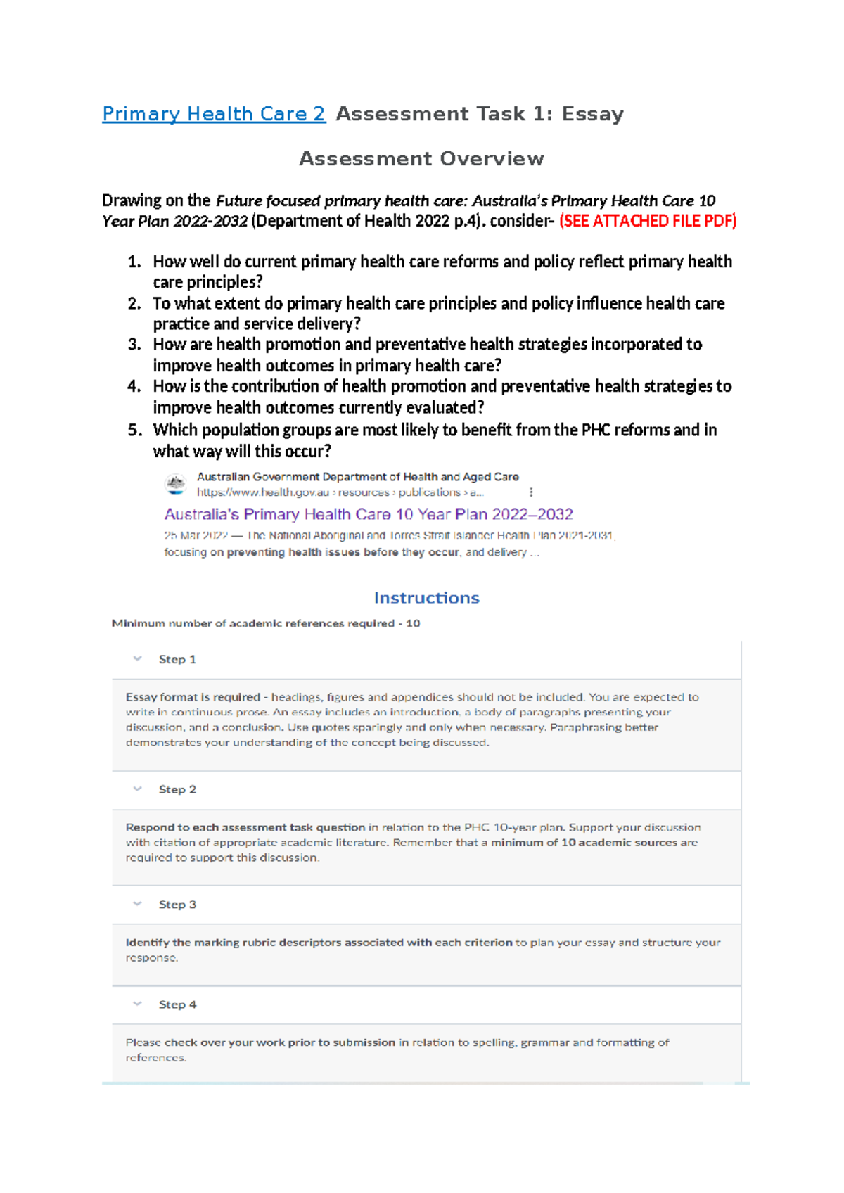 Assessment 1 Instructions - Primary Health Care 2 Assessment Task 1 ...