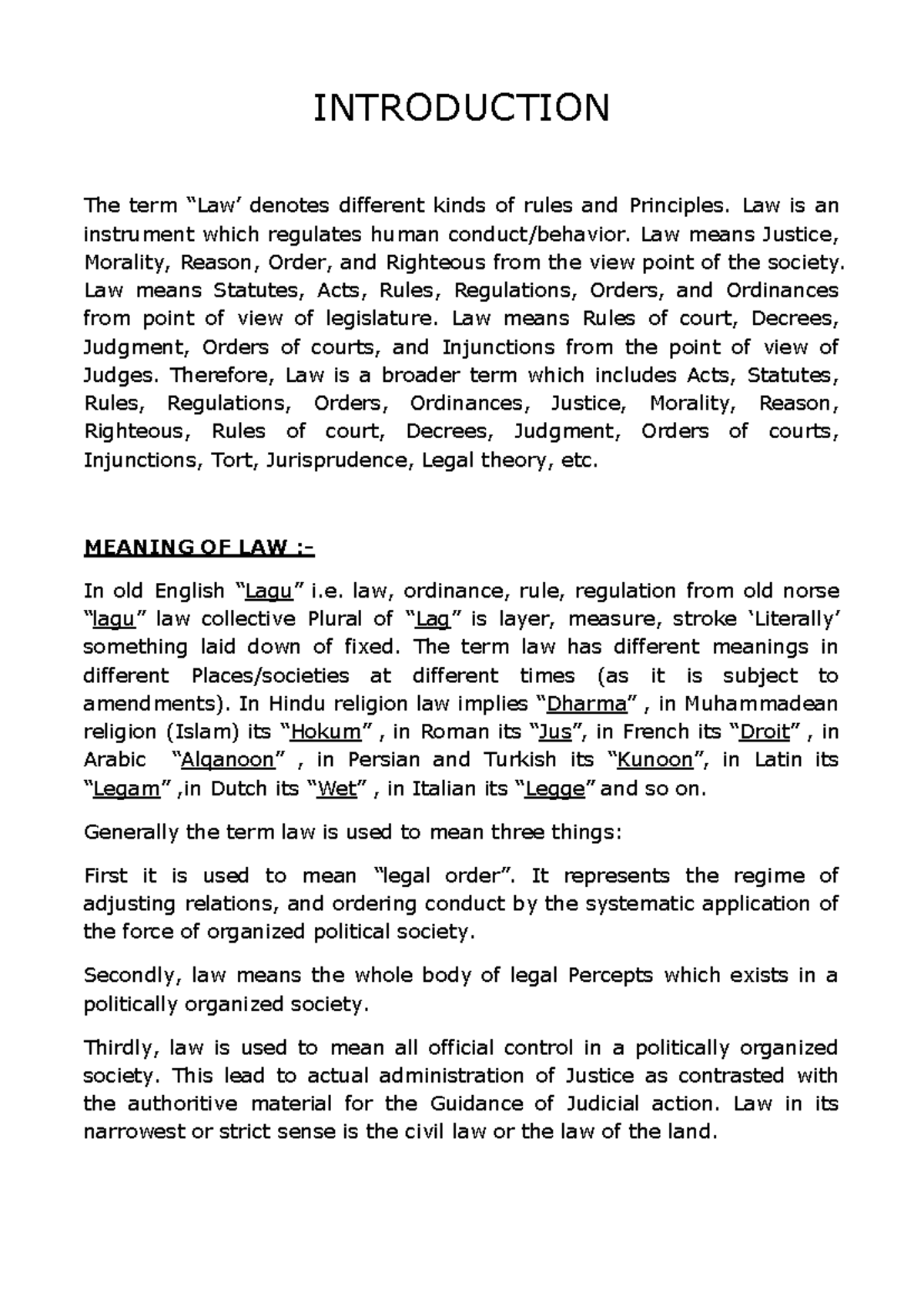 legislation of laws - INTRODUCTION ####### The term “Law’ denotes ...