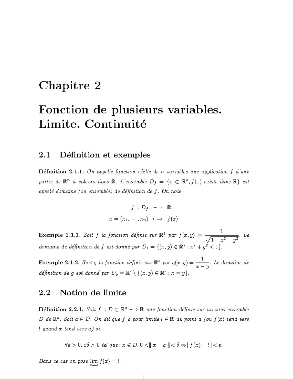 Chapitre 2 - Chapitre 2 Fonction de plusieurs variables. Limite. Continuit ́e 2 D ́efinition et ...