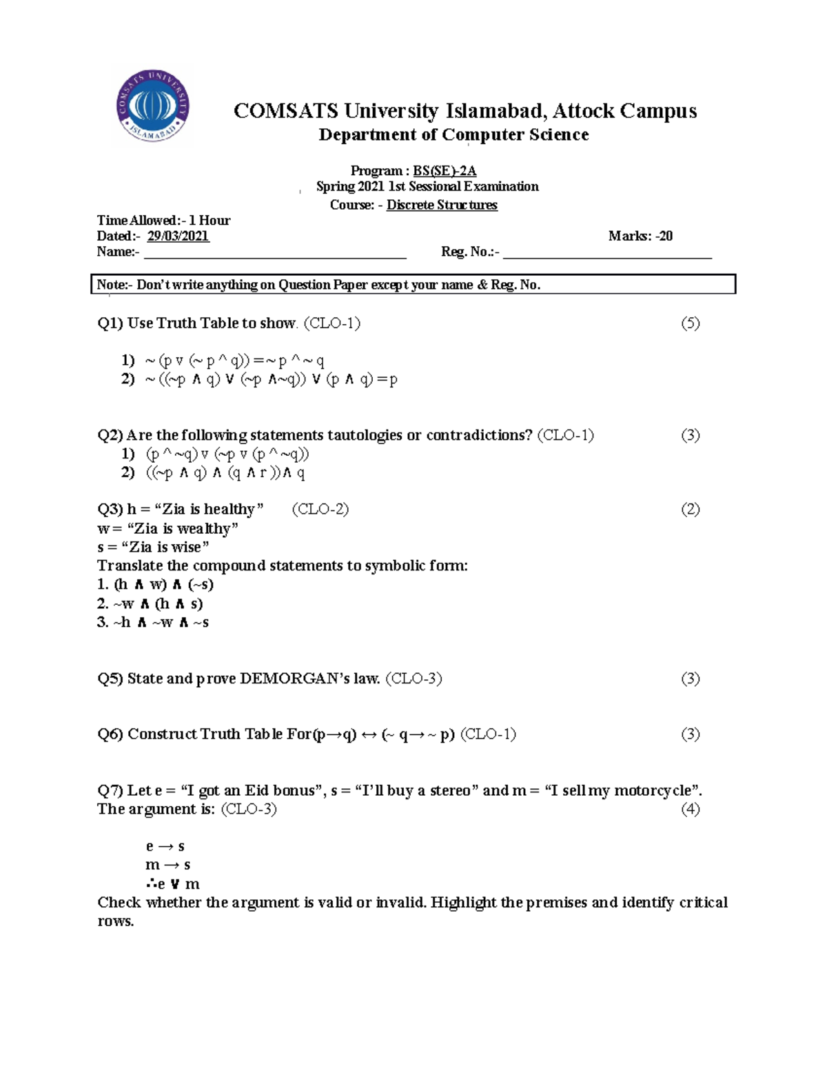 Sessional 1 examination assignment for practice - COMSATS University ...