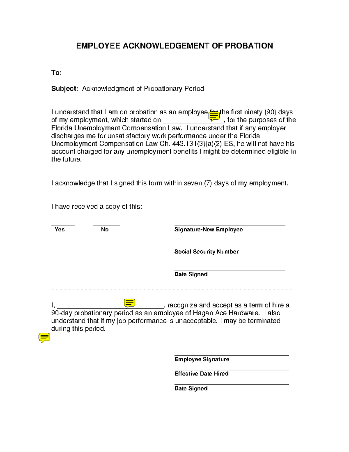 Employee Ack of Probation - EMPLOYEE ACKNOWLEDGEMENT OF PROBATION To ...