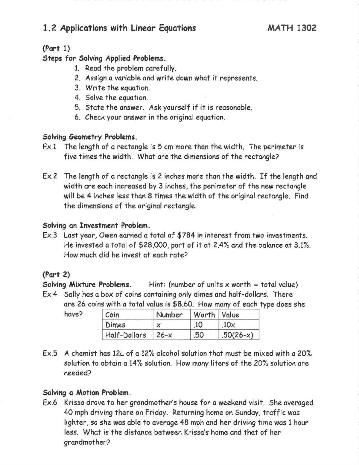 College Algebra Chapter 1.2 - 1 Applications with Linear Equations MATH ...