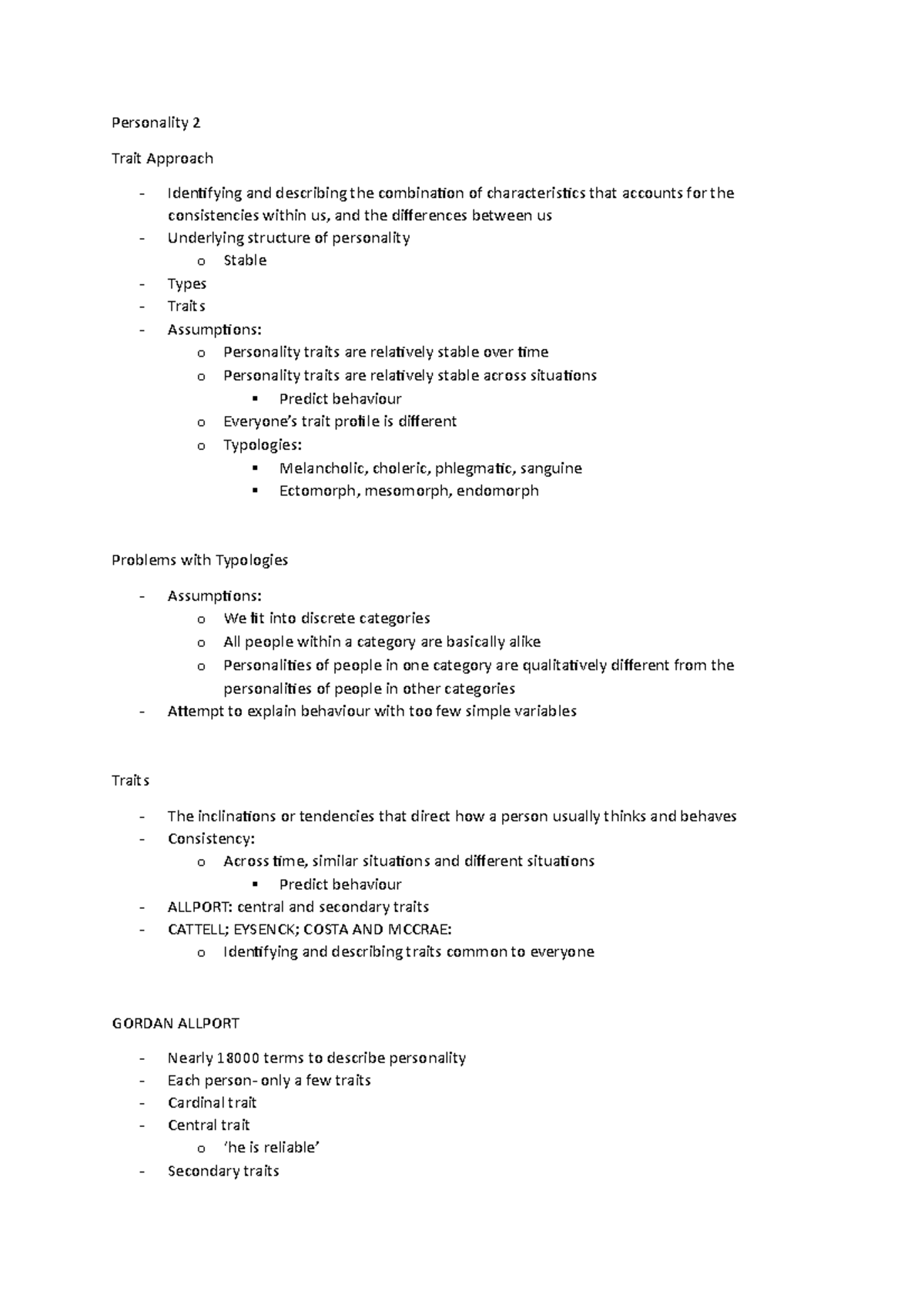 Personality 2 - Lecture notes N/A - Personality 2 Trait Approach ...