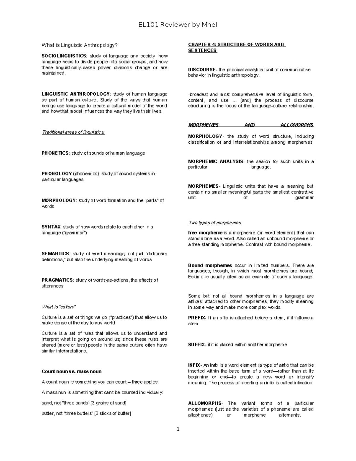 EL 101 reviewer copy - What is Linguistic Anthropology ...