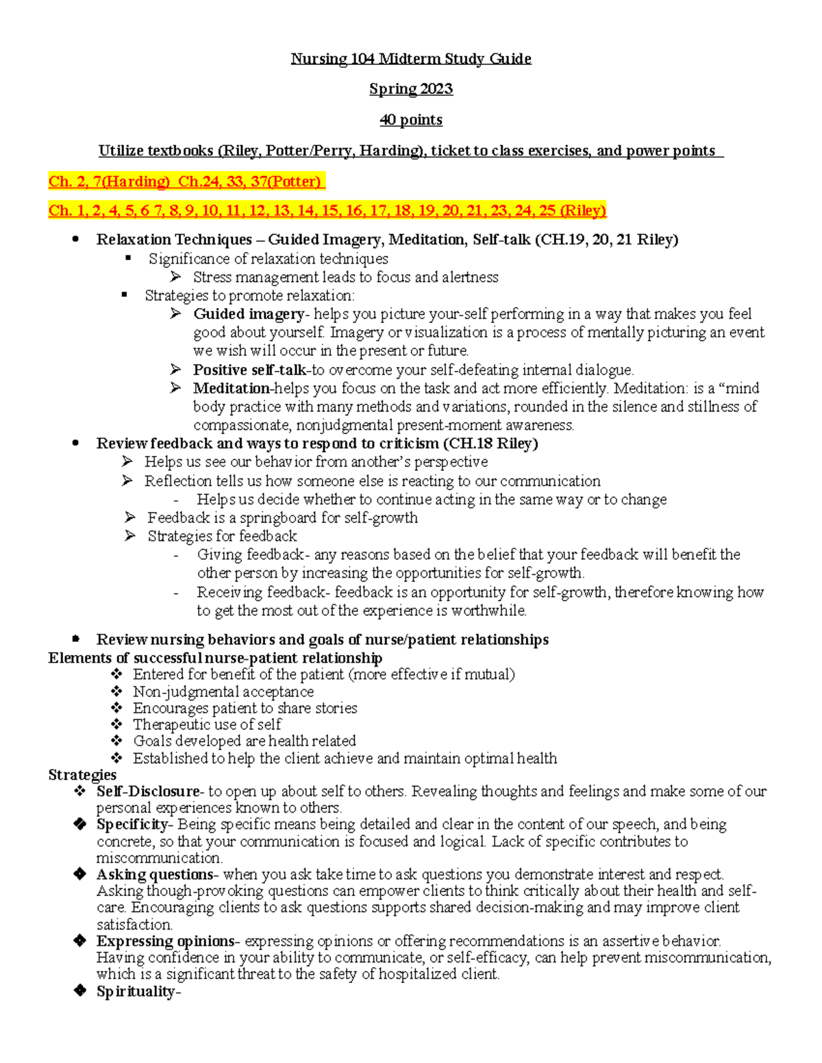 Midterm NS 104 Study Guide Spring 2023 - Nursing 104 Midterm Study ...