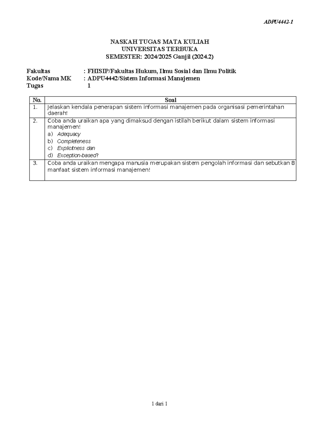 5. ADPU4442 Sistem Informasi Manajemensoal adpu4442 tmk1 1 - ADPU4442- 1 NASKAH TUGAS MATA ...