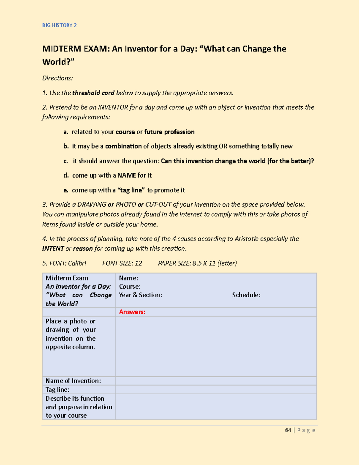Midterm Exam- An Inventor for a Day- What can Change the World - BIG ...