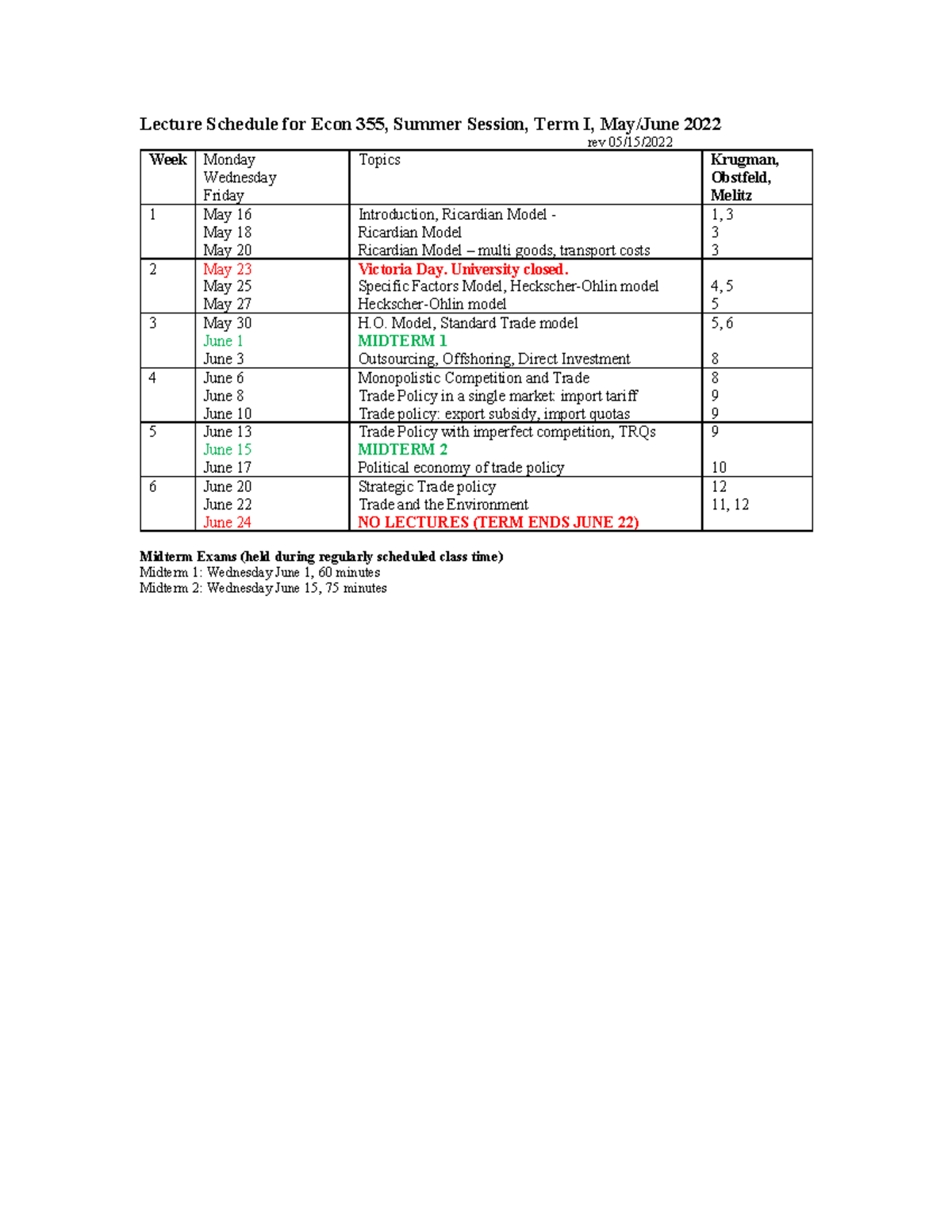 Econ 355 - Summer 2022 - Lecture Schedule - Lecture Schedule for Econ ...