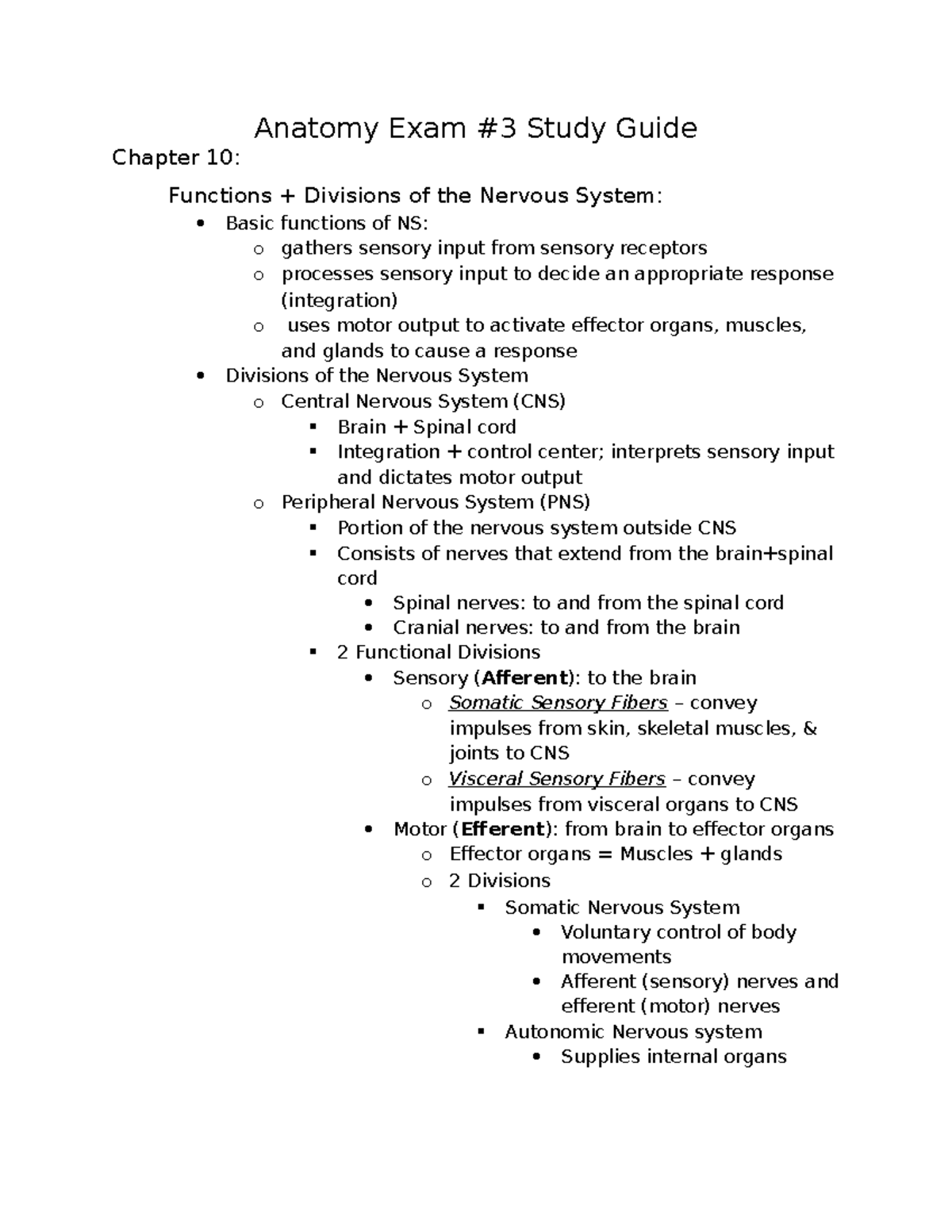 Exam 3 Study Guide - Anatomy Exam #3 Study Guide Chapter 10: Functions ...