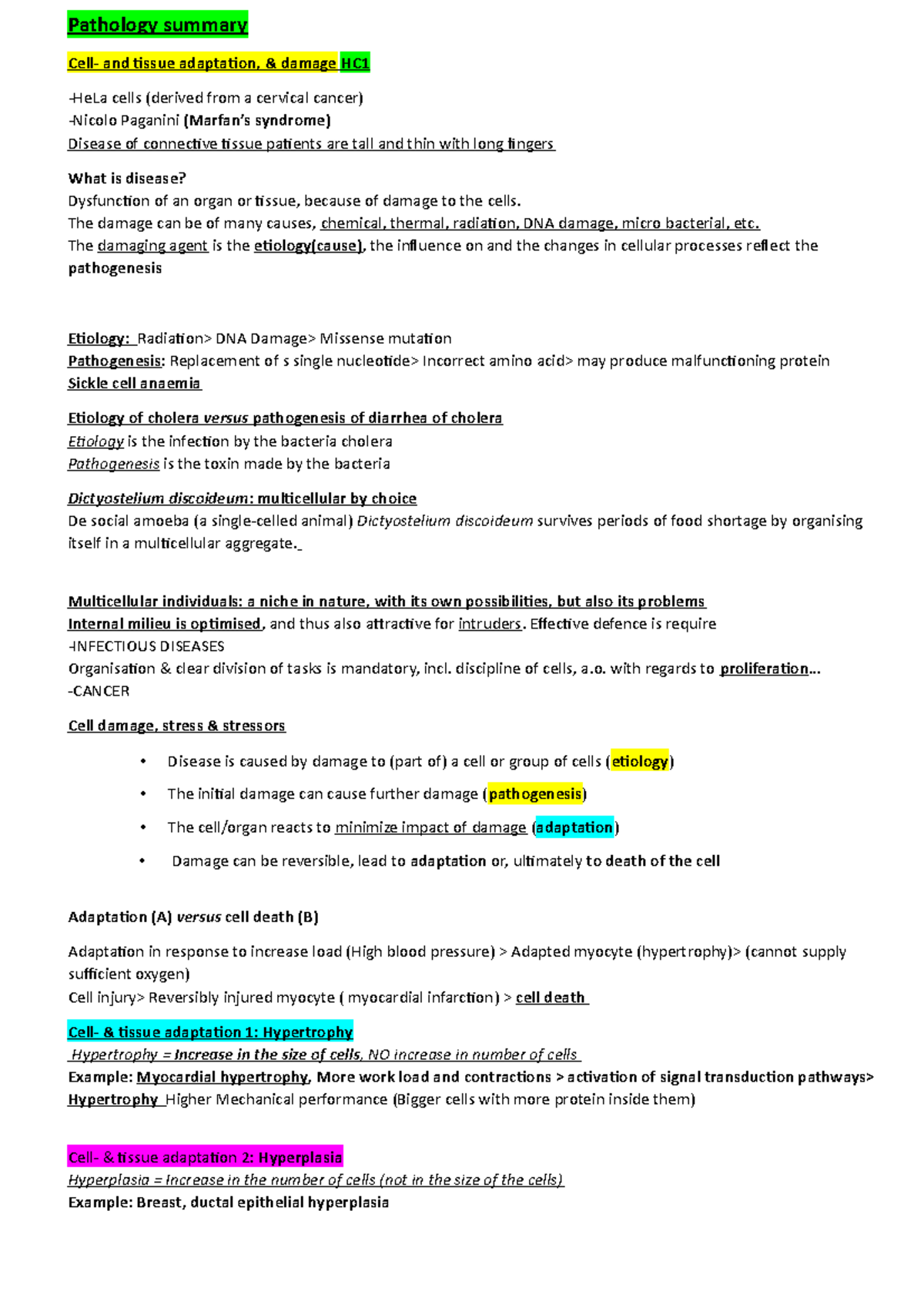 Pathology summary - Pathology summary Cell- and tissue adaptation ...