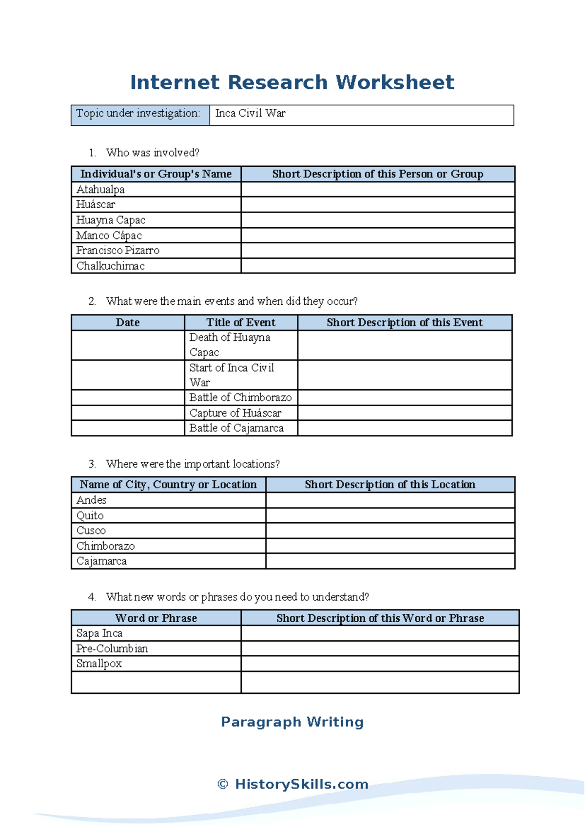 Inca Civil War Research Worksheet - Internet Research Worksheet Topic ...