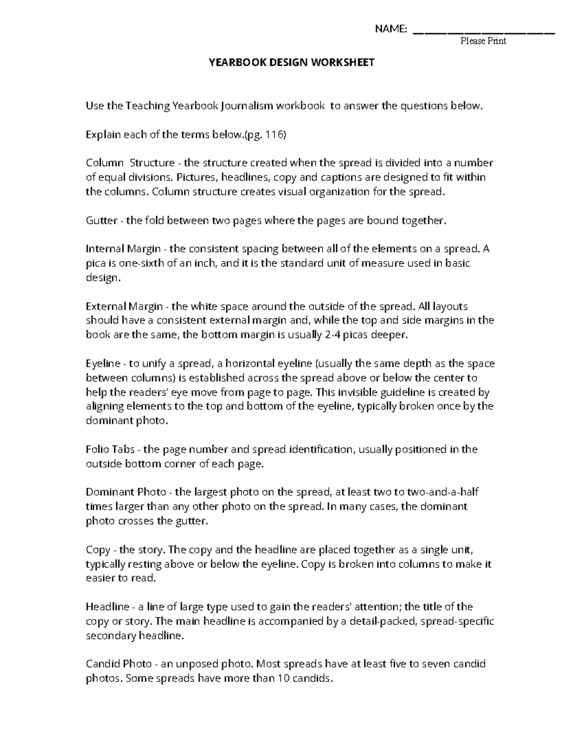 Design Worksheet 1 - YEARBOOK DESIGN WORKSHEET Use the Teaching ...