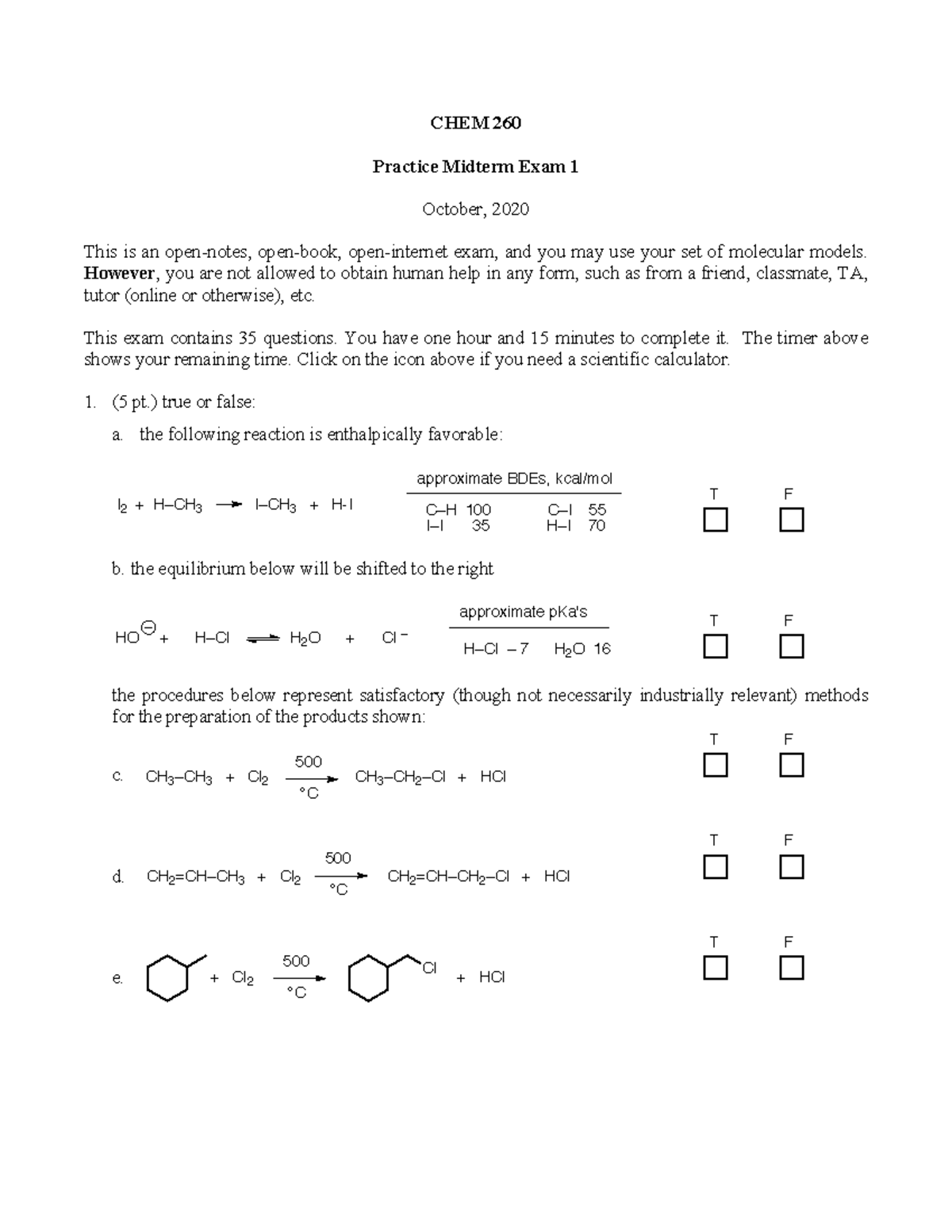 Practice exam 1 - CHEM 260 Practice Midterm Exam 1 October, 2020 This ...