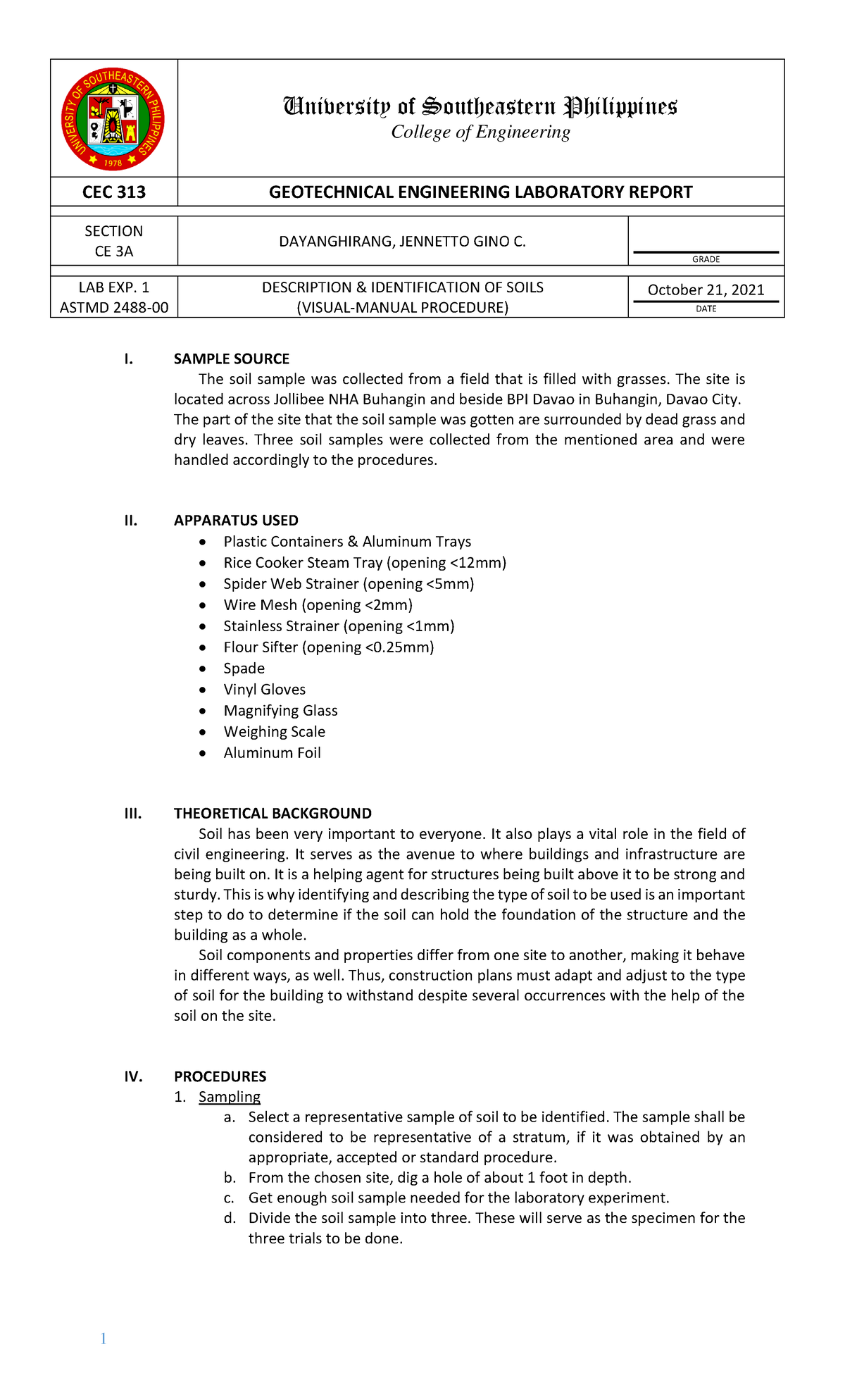 Laboratory Report 1 - University of Southeastern Philippines College of ...