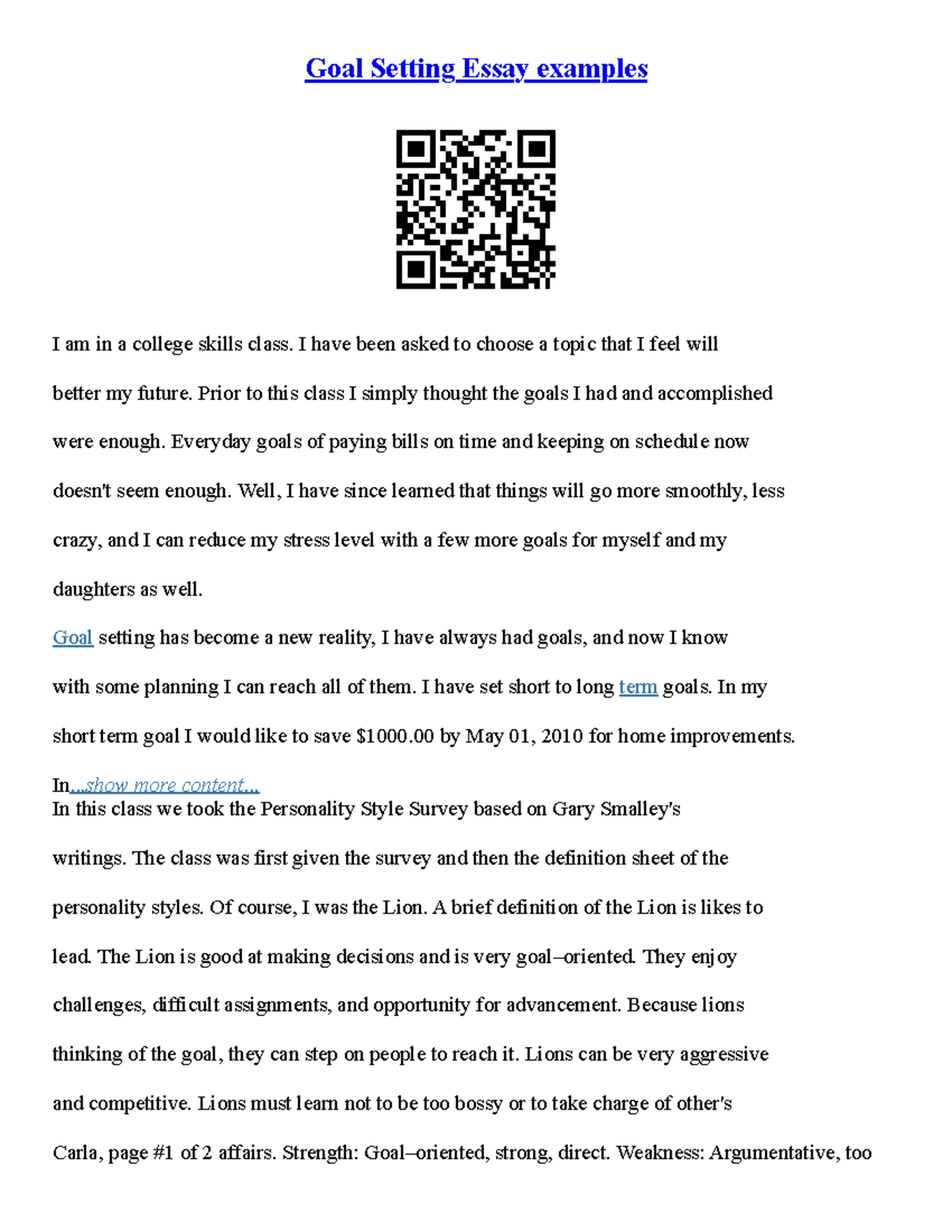 Essays About Goals - Goal Setting Essay examples I am in a college ...