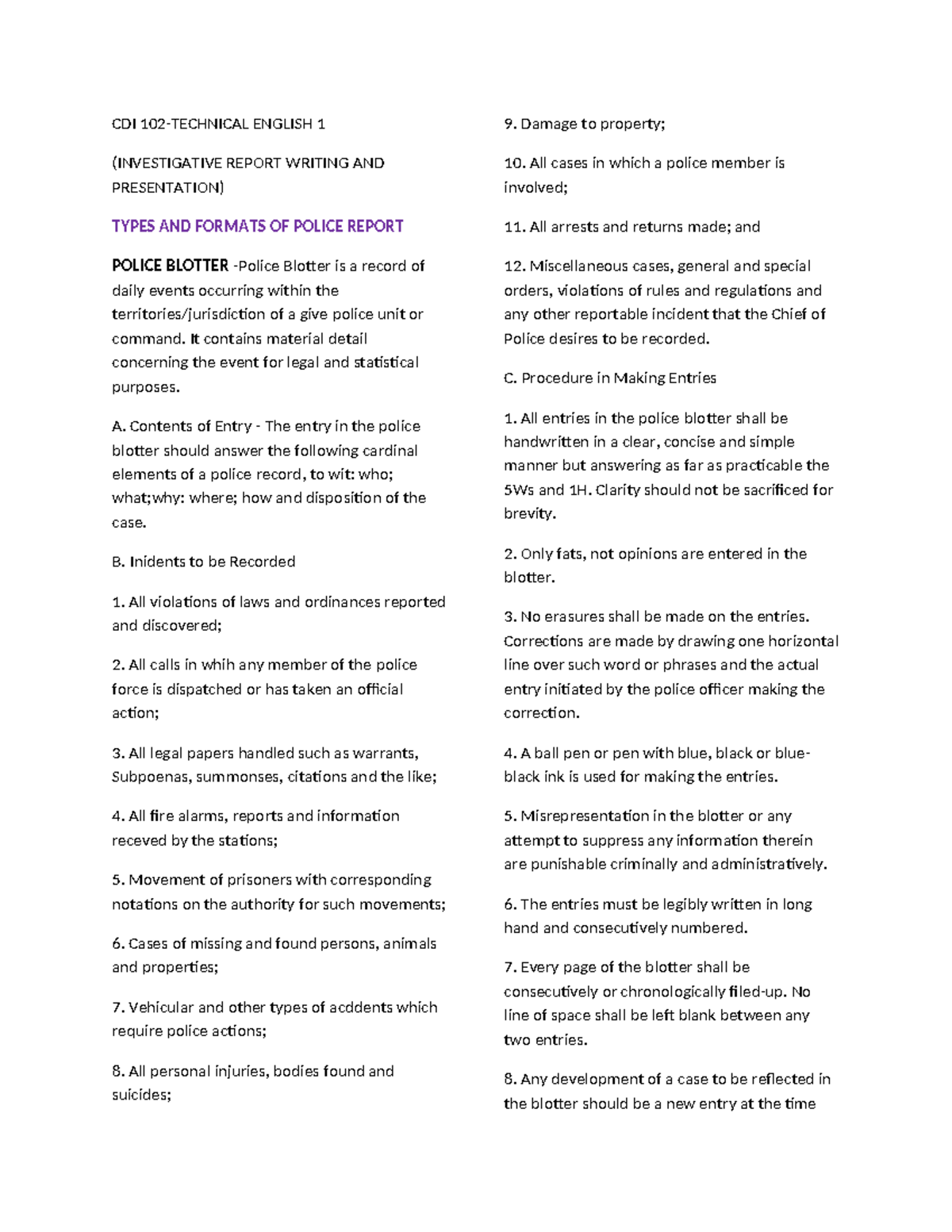 CDI 102 Technical WPS Office - CDI 102 -TECHNICAL ENGLISH 1 (INVESTIGATIVE REPORT WRITING AND ...