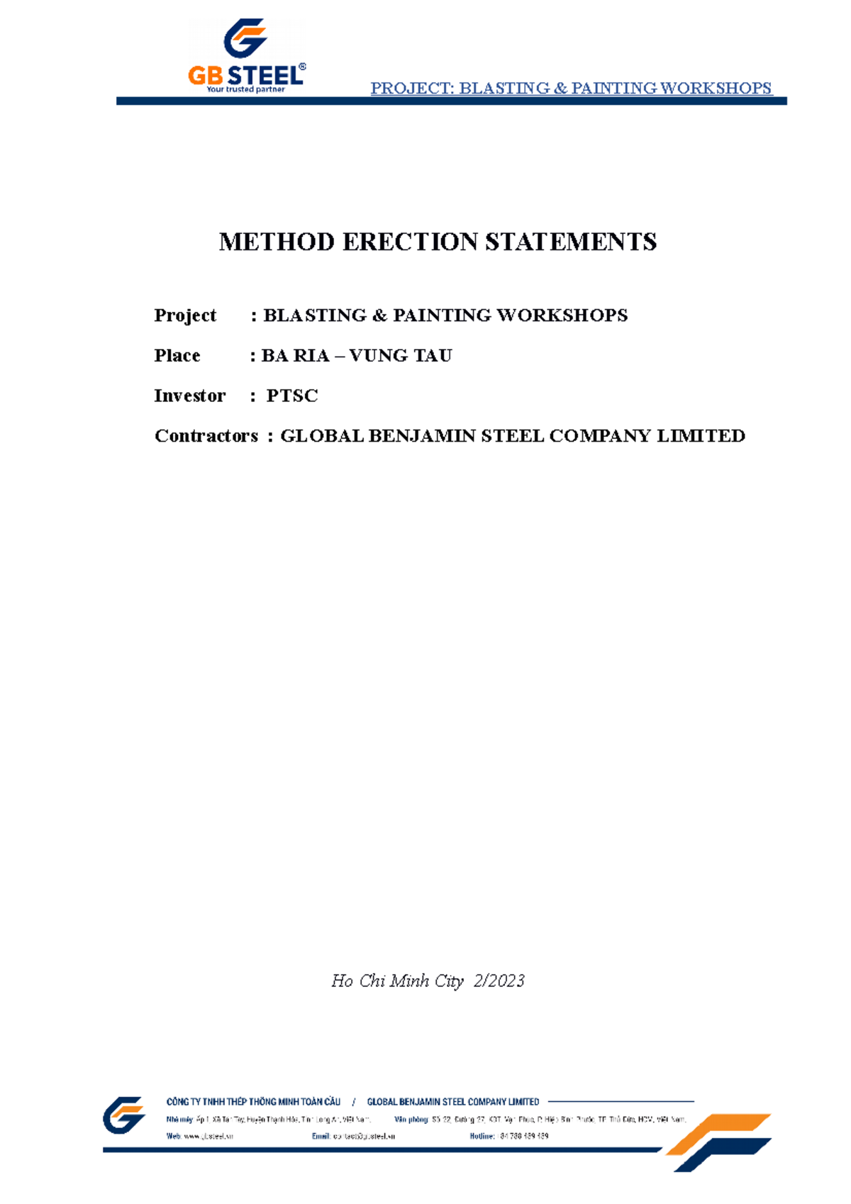 Method Erection Statement - METHOD ERECTION STATEMENTS Project : BLASTING & PAINTING WORKSHOPS ...