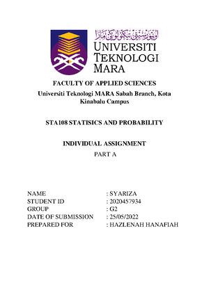 Individual Assignment STA108 - Statistics & Probability - Studocu