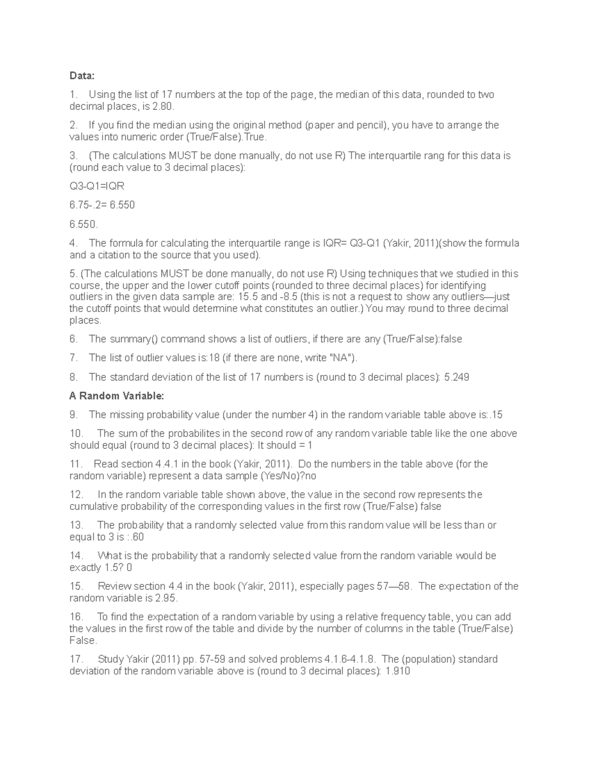 Assignment Unit 4 - MATH1280 - Data: Using the list of 17 numbers at the top of the page, the ...