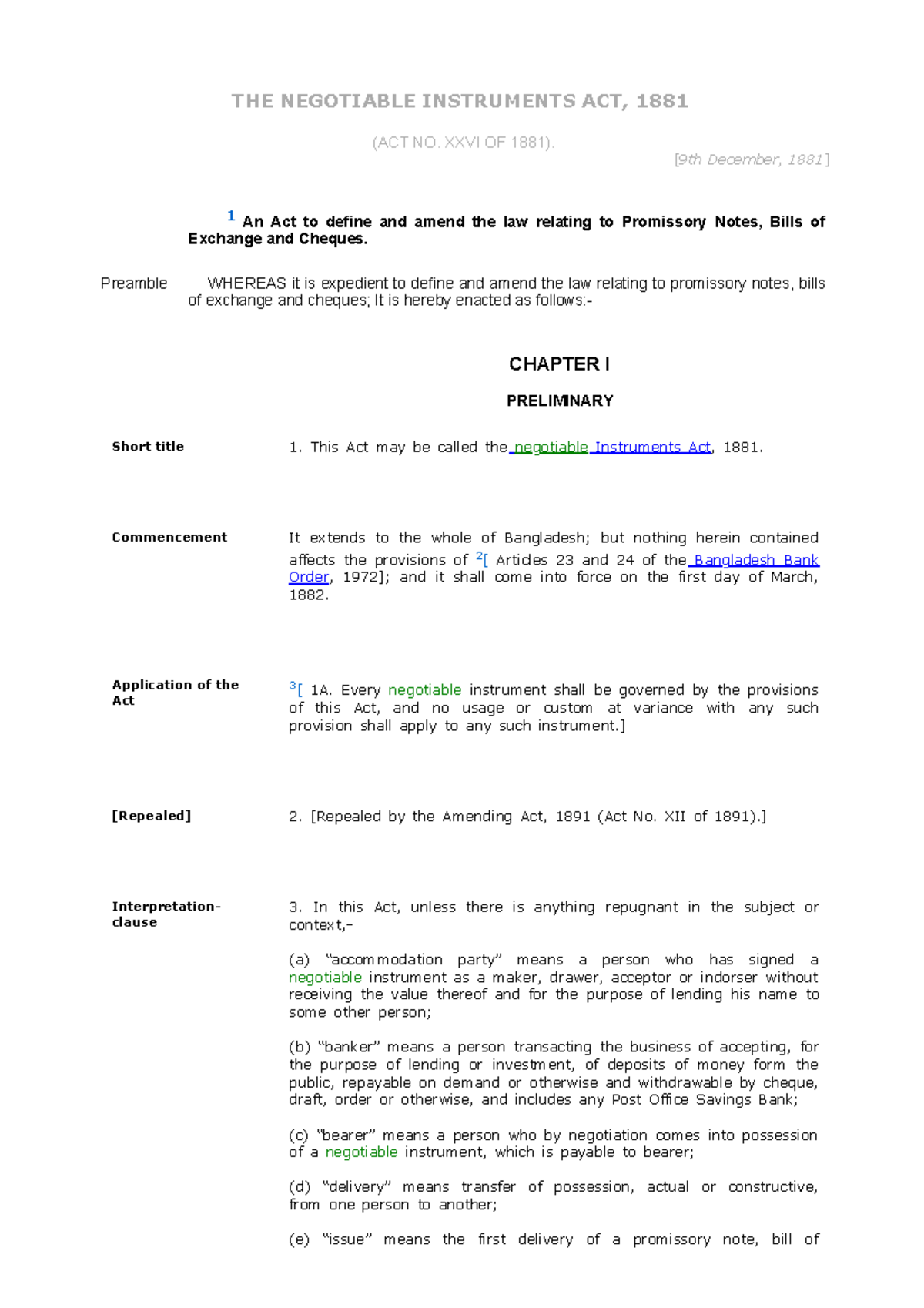 Negotiable Instruments ACT, 1881 (ACT NO. XXVI OF 1881) - THE ...