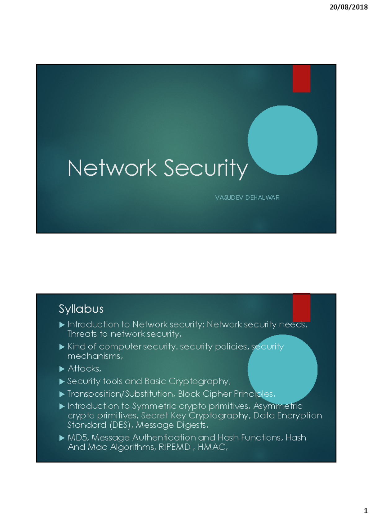 1 Network Security Hand Outs - Network Security VASUDEV DEHALWAR Syllabus Introduction to ...