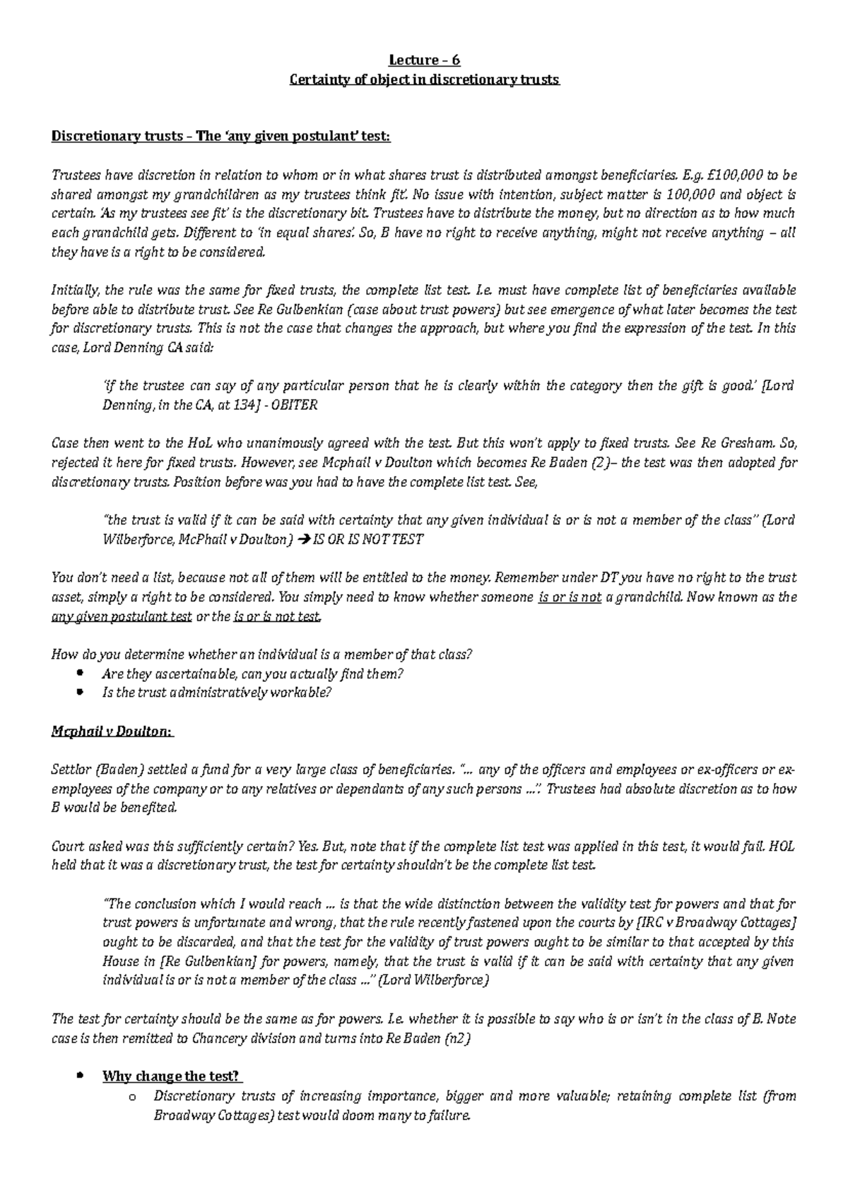 Trusts – Three Certainties (5/5) - Lecture – 6 Certainty of object in discretionary trusts - Studocu