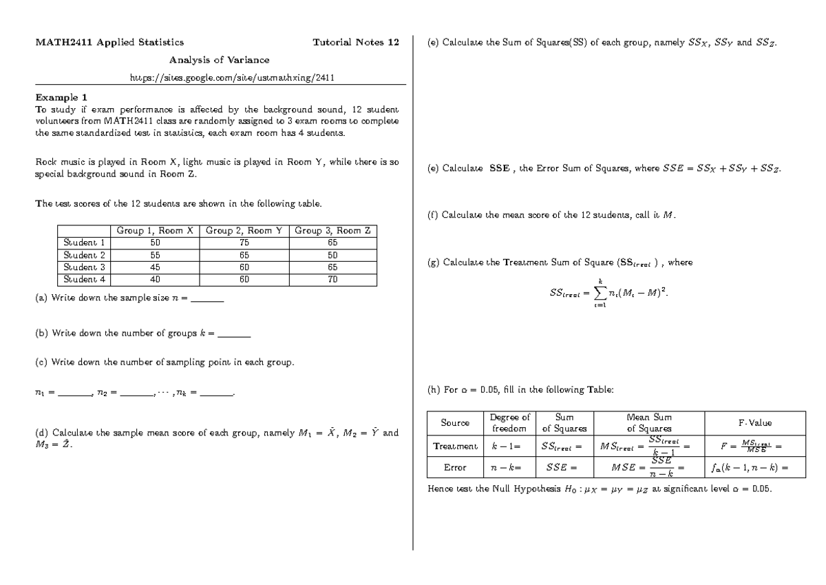2411 T12 Anova - Xing LI - MATH2411 Applied Statistics Tutorial Notes ...