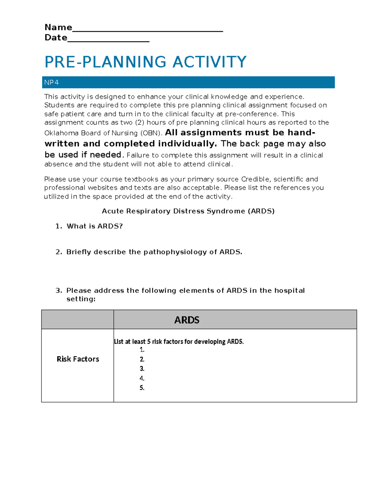 Pre Plan NP4 ARDS-Edited - Name___________________________________ Date