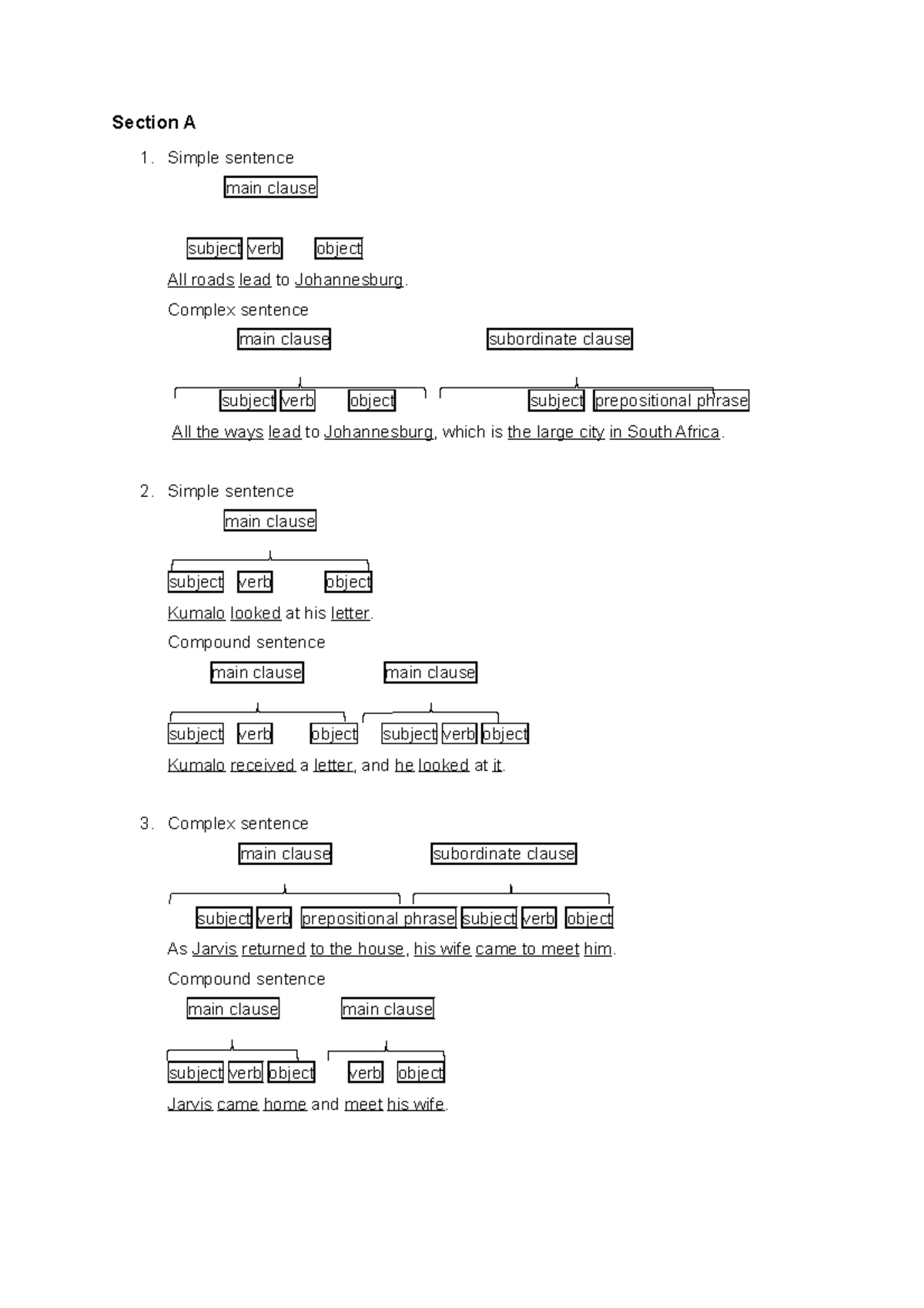 EAP Section A Q1 3 Section A Simple Sentence Main Clause Subject Verb