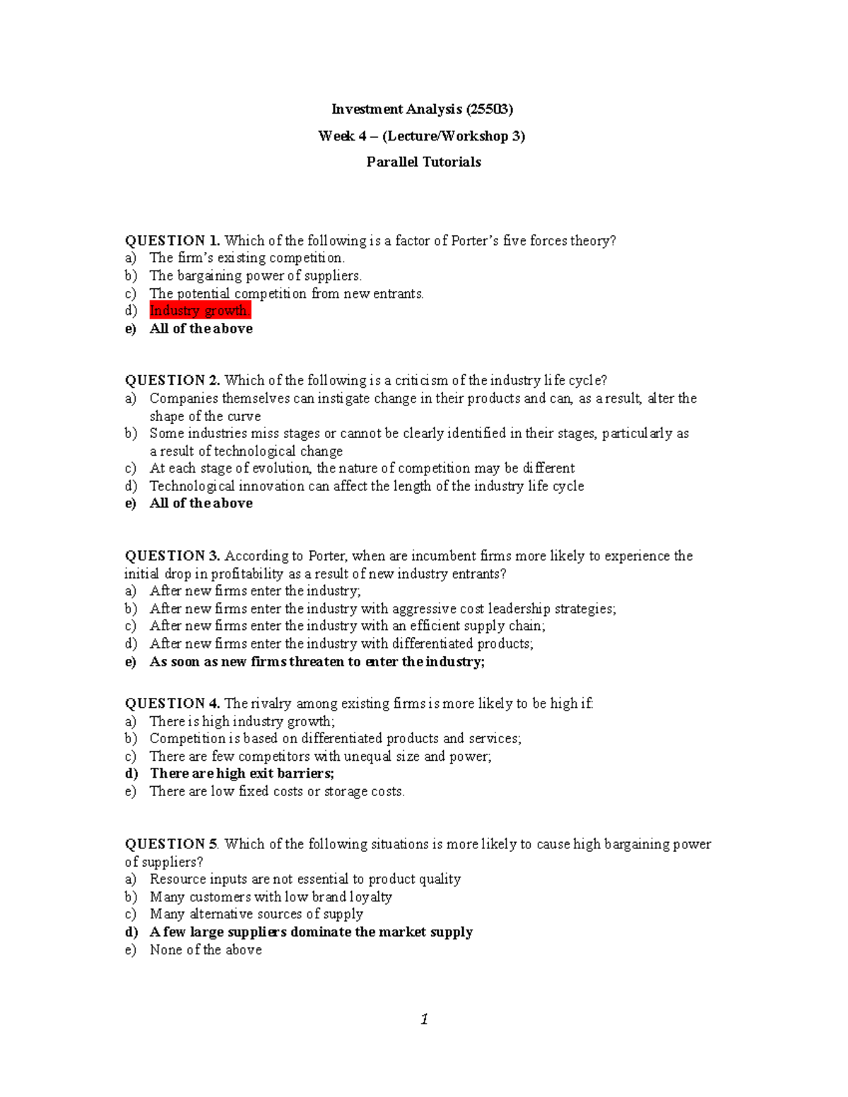 Tutorial Week4-1 - practise questions - Investment Analysis (25503) Week 4 – (Lecture/Workshop 3 ...