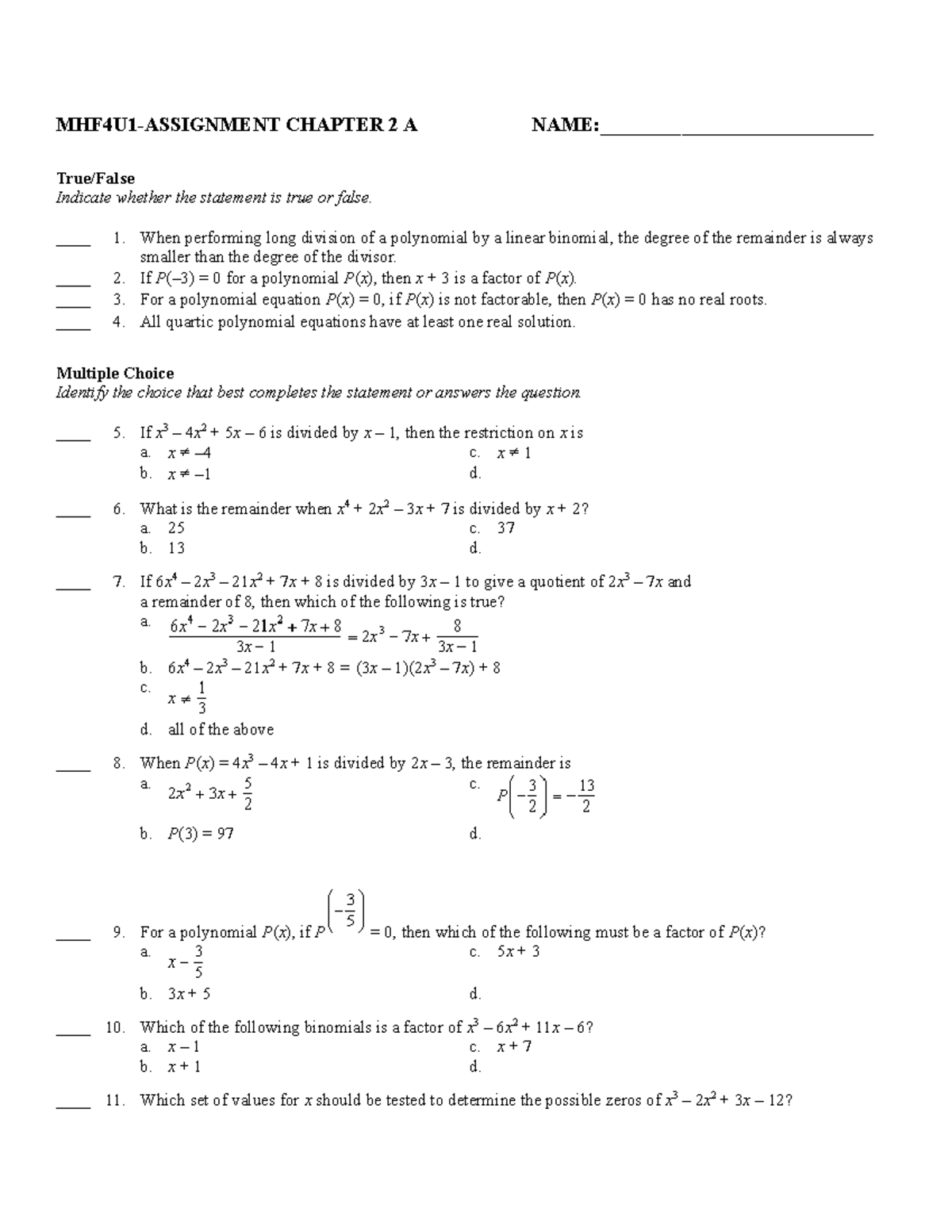 Mhf4u1 assignment chapter 2 a - MHF4U1-ASSIGNMENT CHAPTER 2 A NAME ...