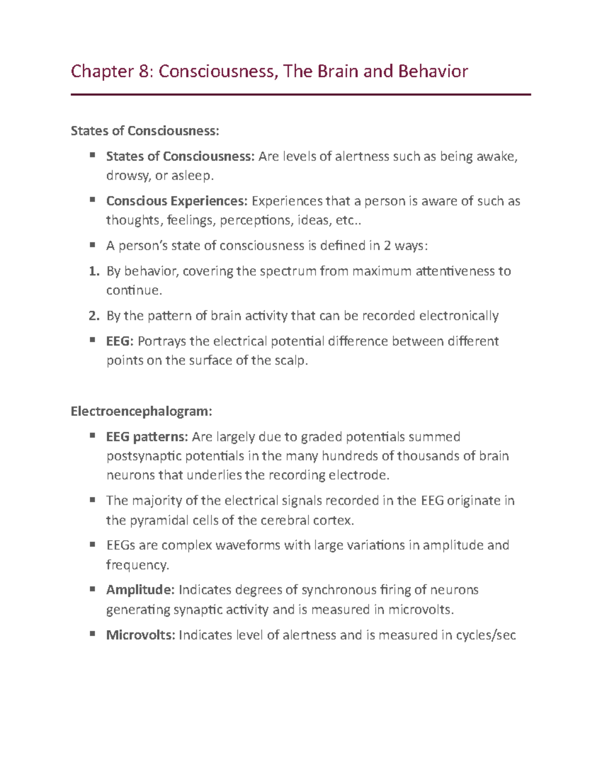Chapter 8 Notes Conciousness Brain and Behavior - Chapter 8 ...