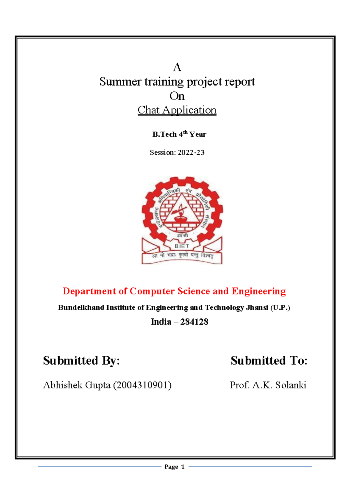 Summer training report - Page 1 A Summer training project report On Chat Application B 4th Year ...