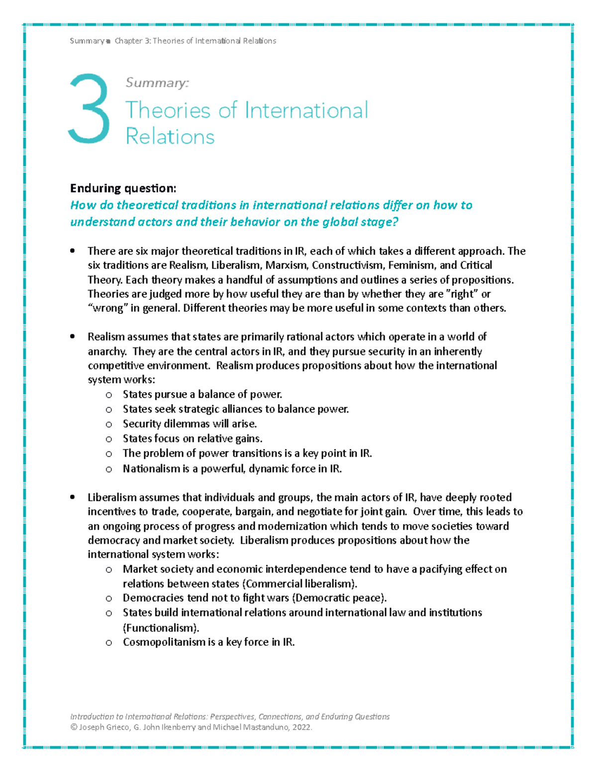 Ch3 - samenvatting - Summary Chapter 3: Theories of International ...