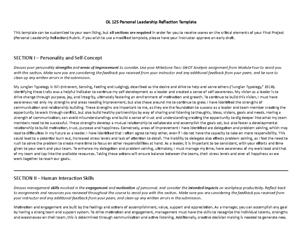 Ol125 personal leadership reflection template - OL 125 Personal ...