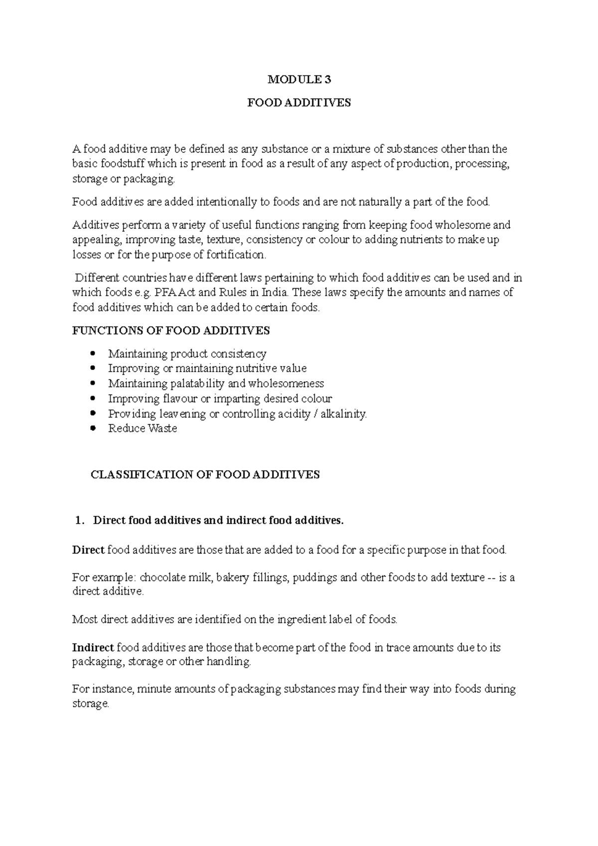 Module 3 - FOOD ADDITIVES USED IN FOOD - MODULE 3 FOOD ADDITIVES A food ...