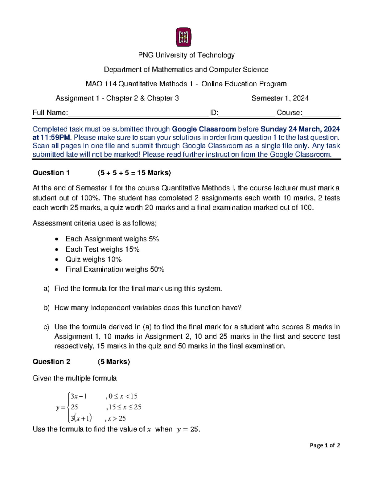 MAO 114 Assignment 1 - Quantitative methods 1 Working with functions - Page 1 of 2 PNG ...