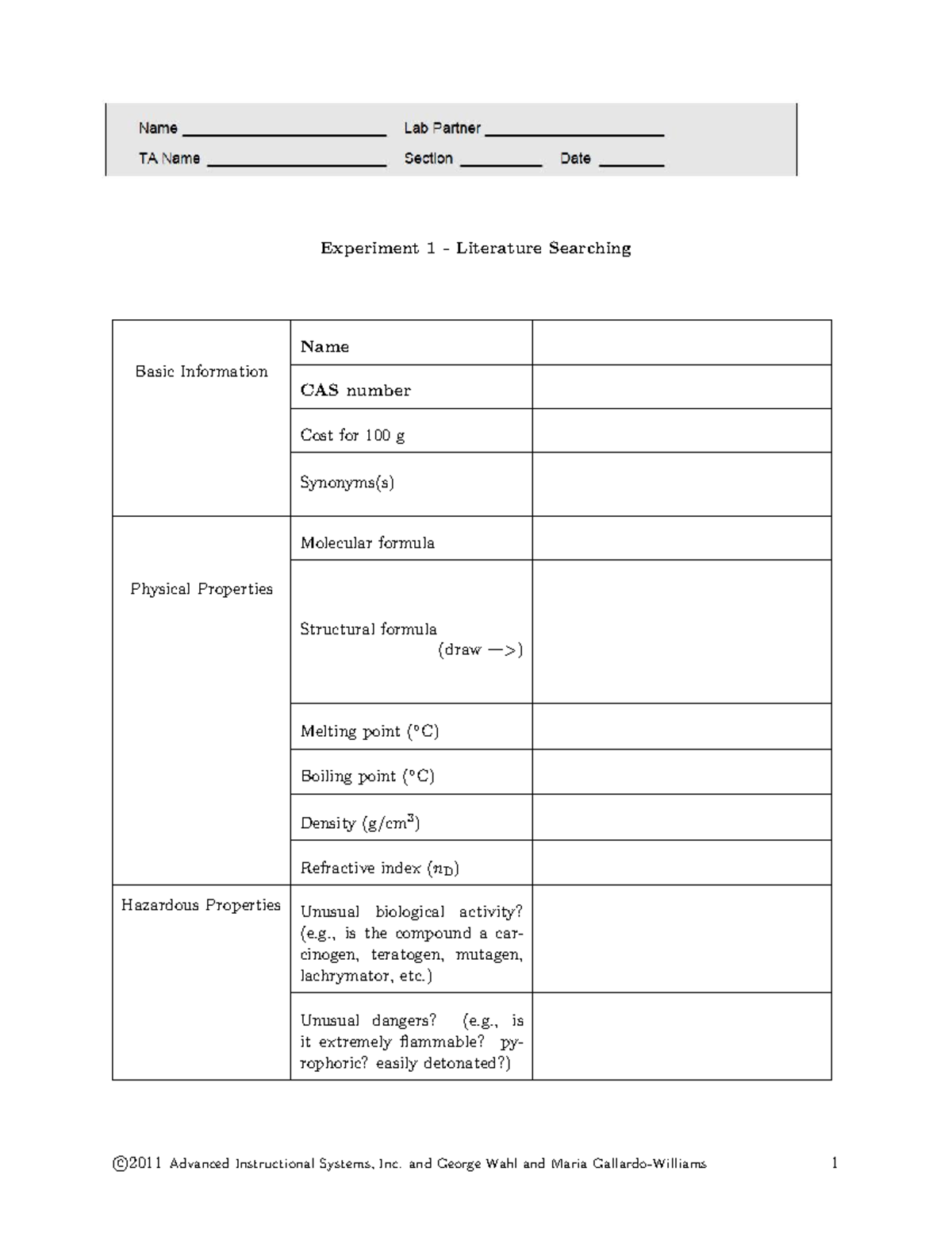Orgchem 2-worksheet-lab01 - header Experiment 1 - Literature Searching Basic Information Name ...