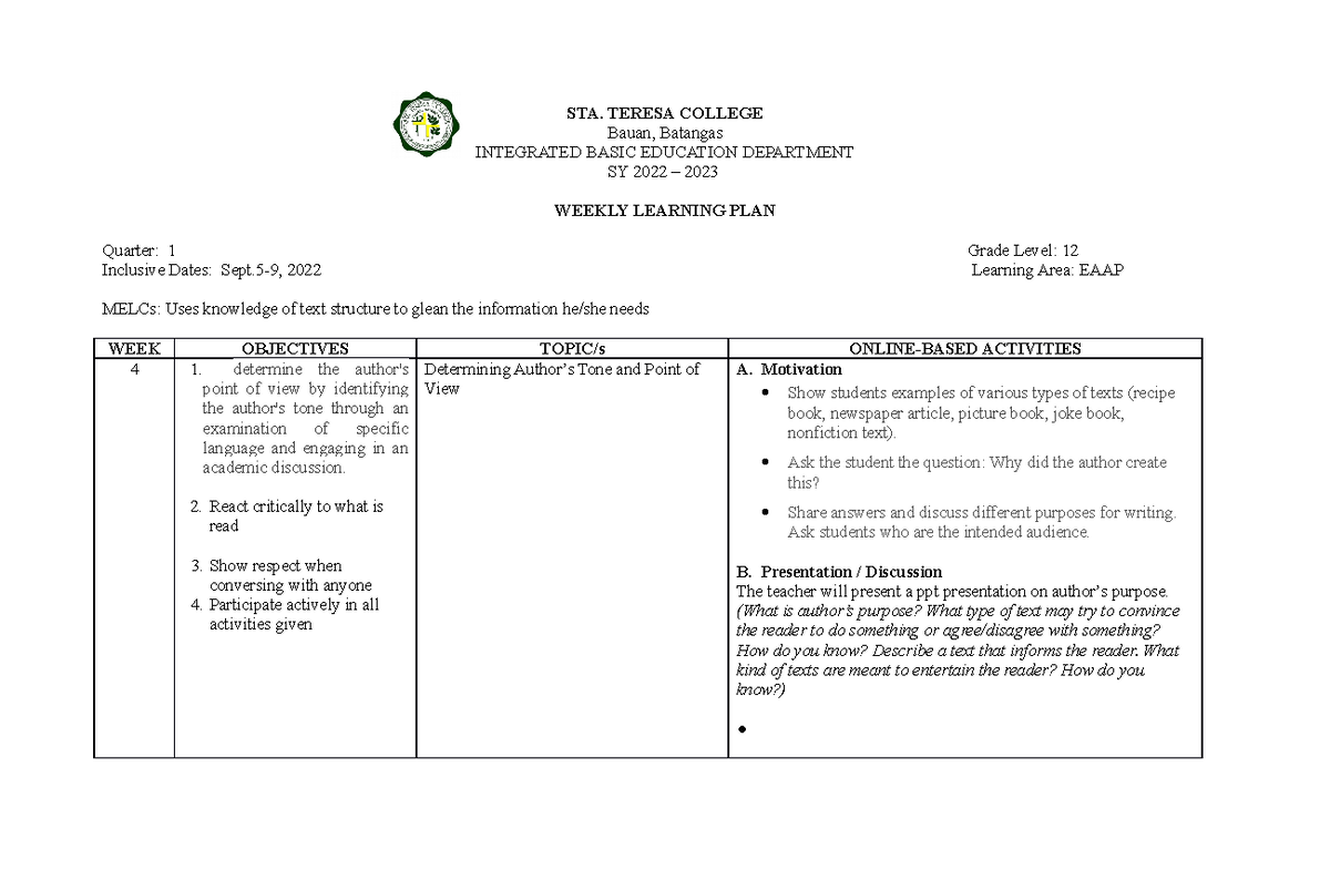 WLP-EAAP Week 4 - professional writing - STA. TERESA COLLEGE Bauan ...